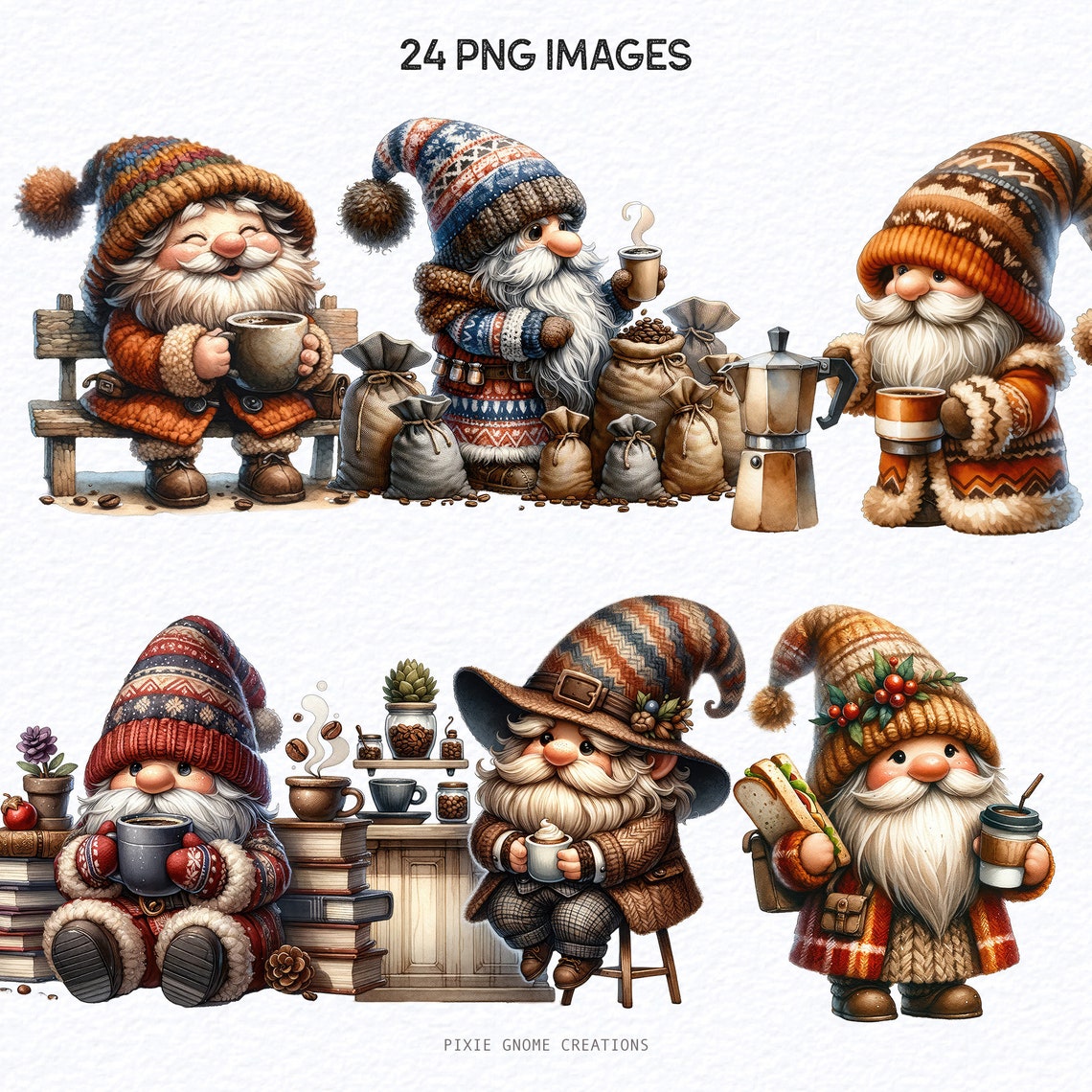 Watercolor Coffee Lover Gnomes Png Clipart Bundles, Coffee Beans Gnome ...