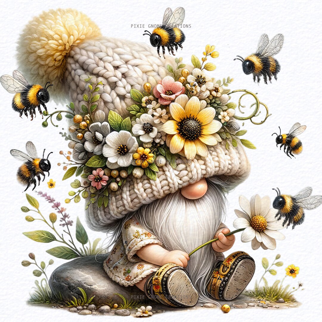 Watercolor Wildflower Bumble Bee Gnome Clipart Bundle Png, Garden ...