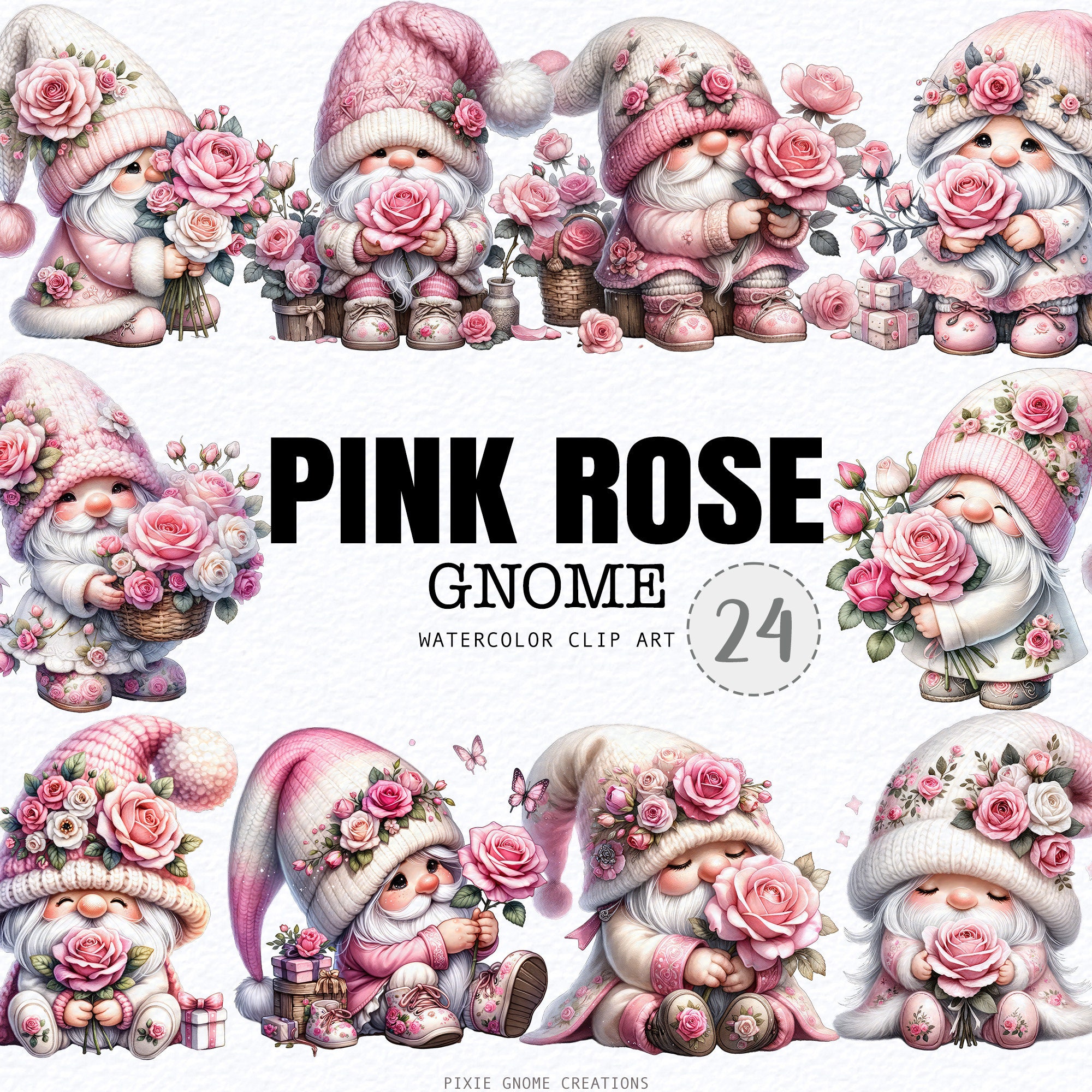Watercolor Valentines Rose Floral Gnome Clipart PNG Bundle, Garden ...