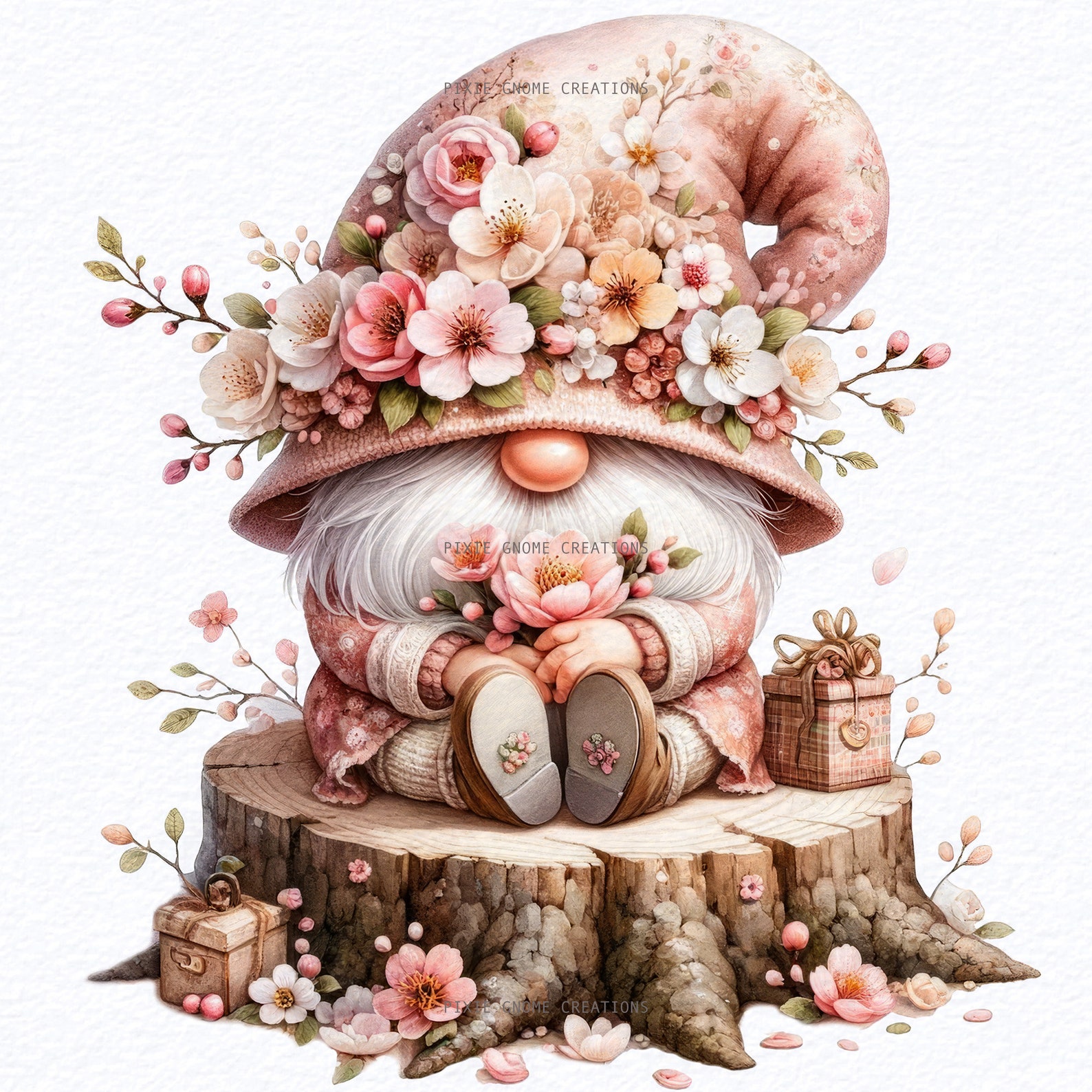 Watercolor Pink Cherry Blossom Gnomes Png, Cute Floral Gnome ...