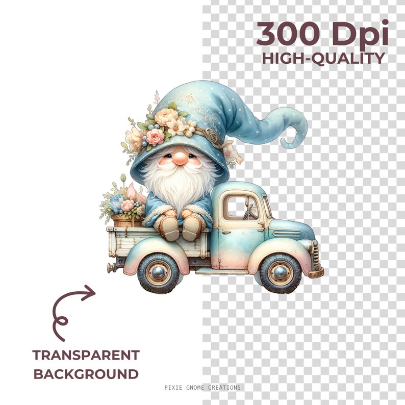 Watercolor Retro Truck Gnome Clipart PNG Bundle, Garden Gnome With ...