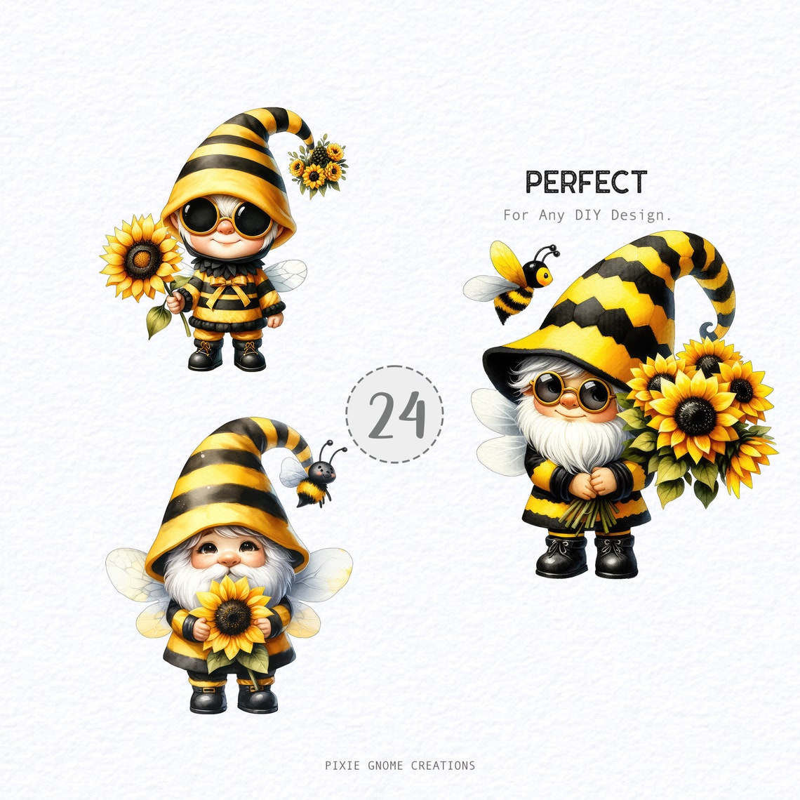 Bumble Bee Gnomes Png, Honey Bee Gnomes Watercolor Clipart PNG ...