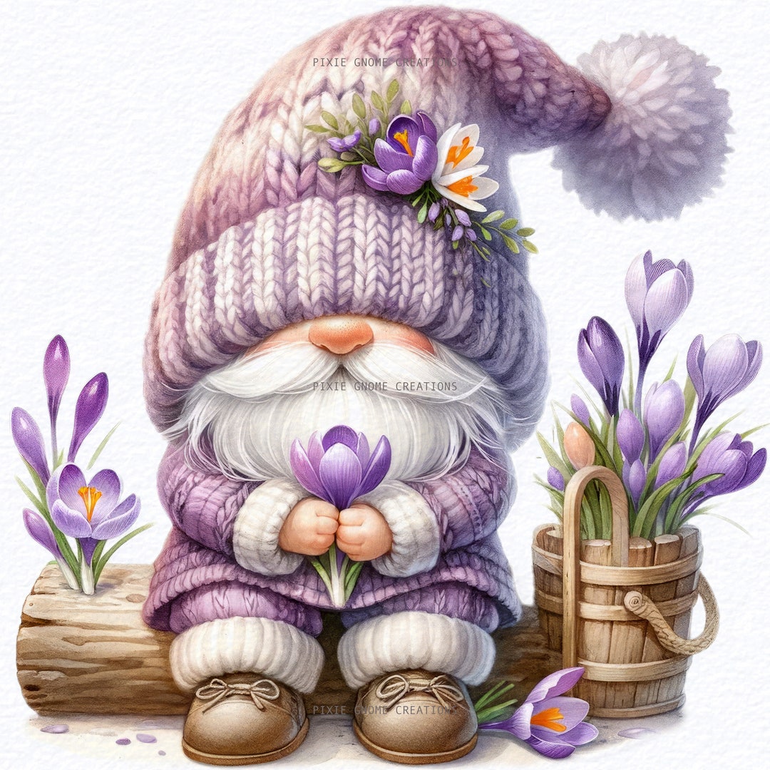 Watercolor Crocus Gnome Clipart Bundles, Gnome With Flowers, Clipart ...