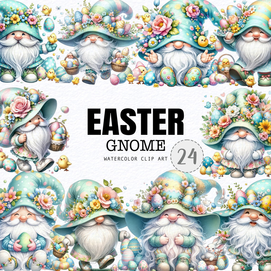Watercolor Easter Gnome Png Clipart Bundle, Easter Eggs, Garden Clipart ...