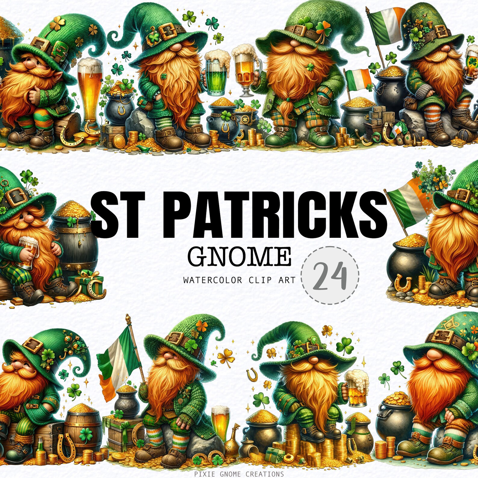 Watercolor St Patricks Day Gnomes Png Clipart Bundle, Irish Beer, Cute ...