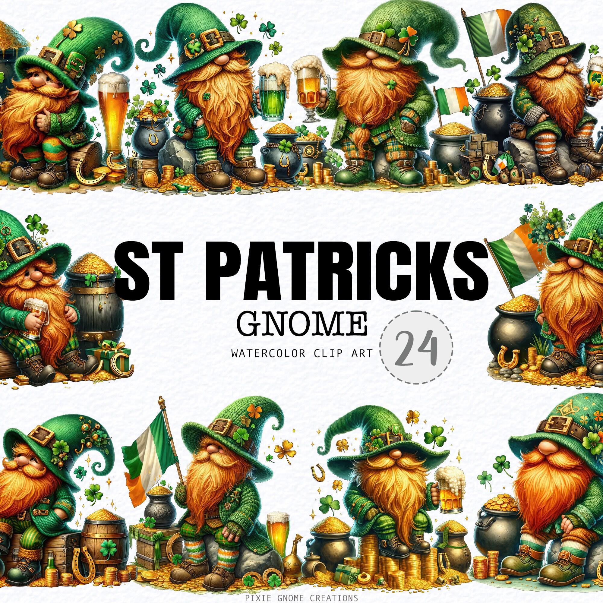 Watercolor St Patricks Day Gnomes Png Clipart Bundle, Irish Beer, Cute ...