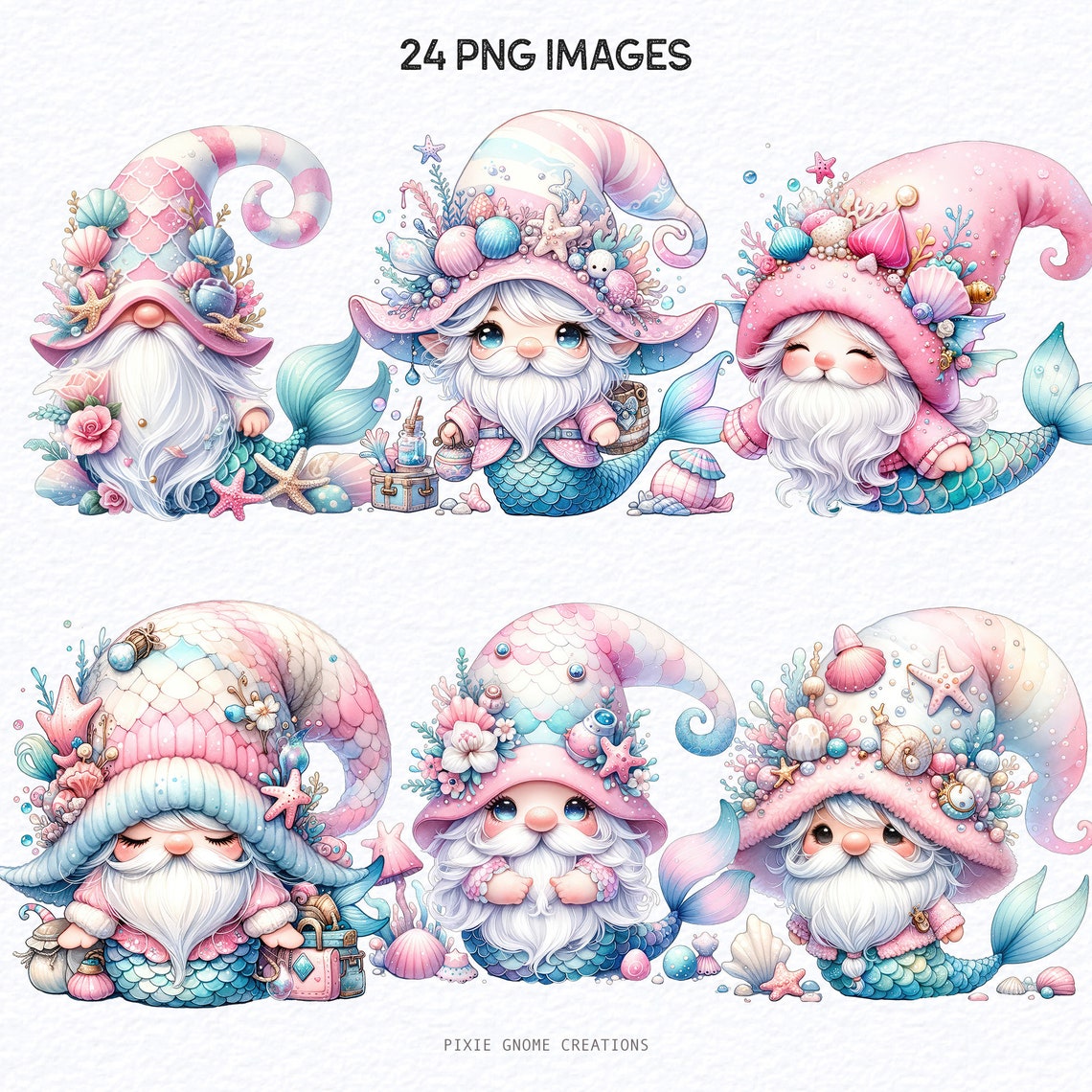 Watercolor Mermaid Gnome Clipart Bundles, Cute Fairytale Clipart ...
