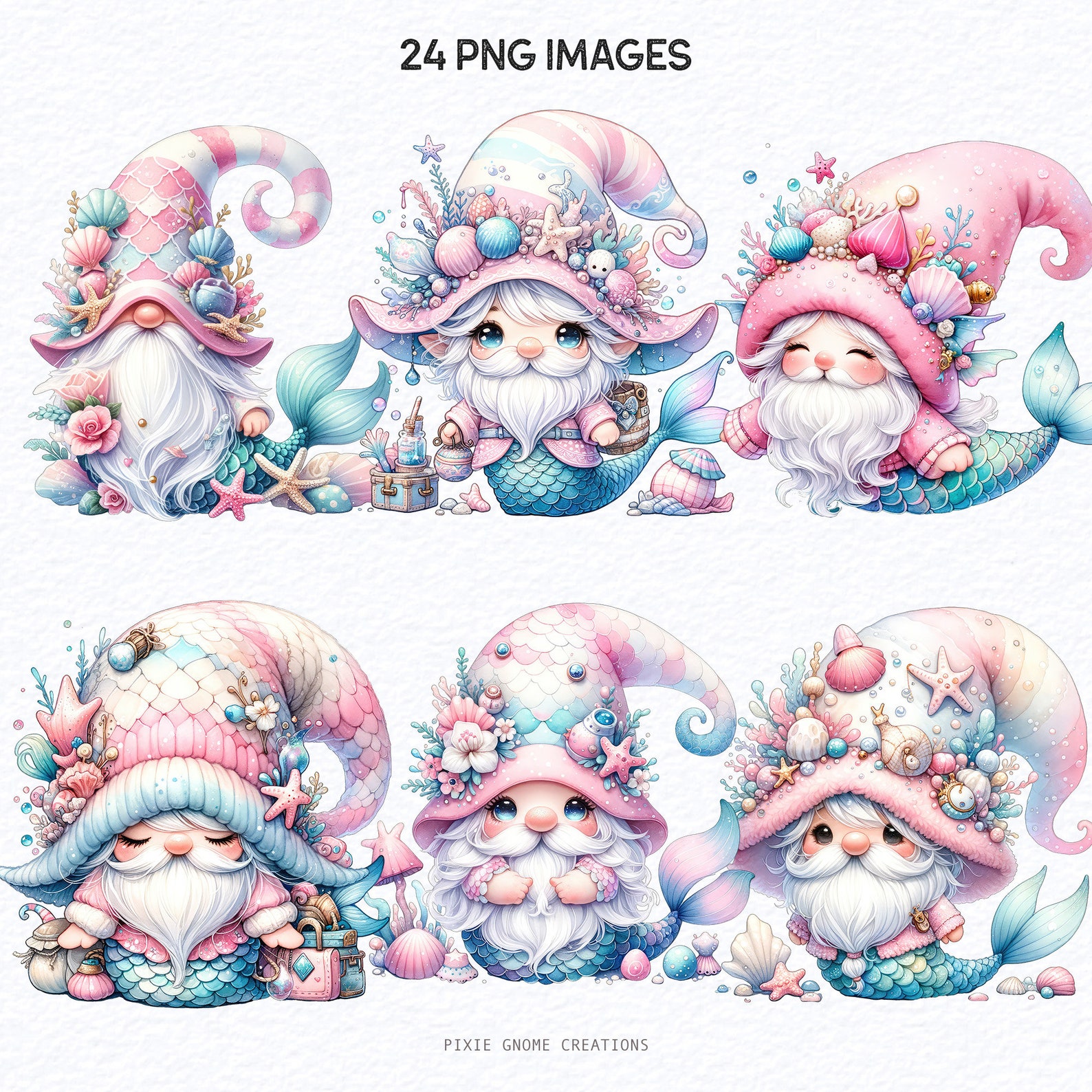 Watercolor Mermaid Gnome Clipart Bundles, Cute Fairytale Clipart ...