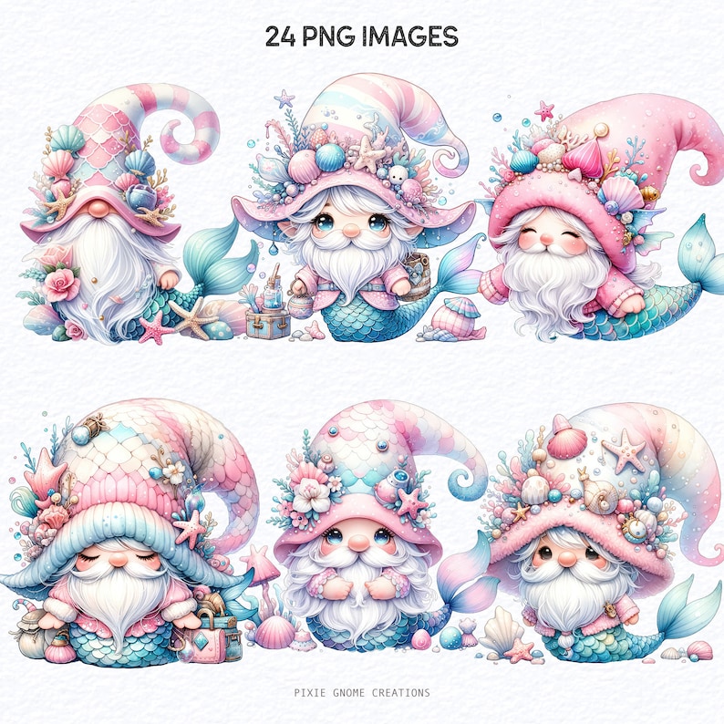 Watercolor Mermaid Gnome Clipart Bundles, Cute Fairytale Clipart ...