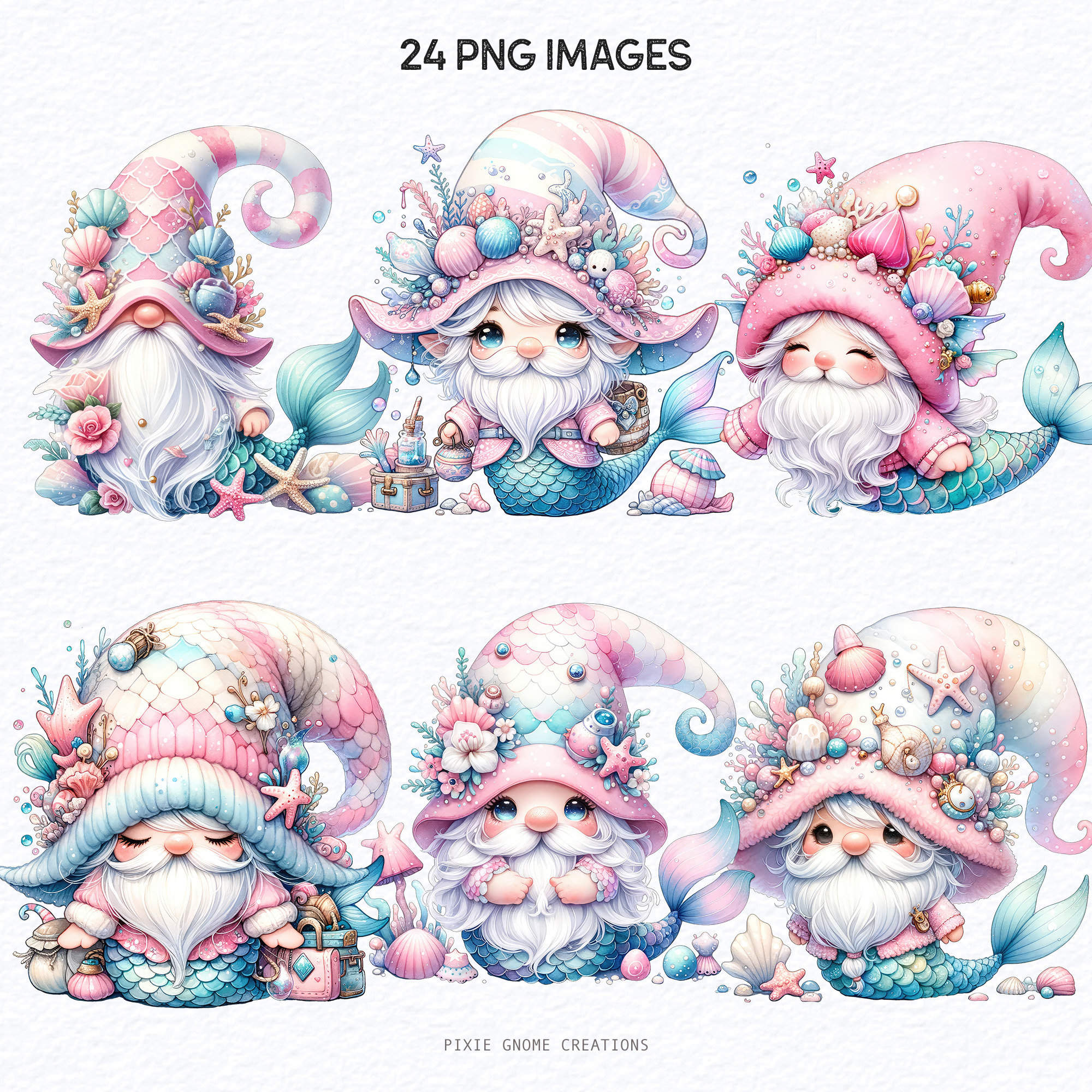 Watercolor Mermaid Gnome Clipart Bundles, Cute Fairytale Clipart ...