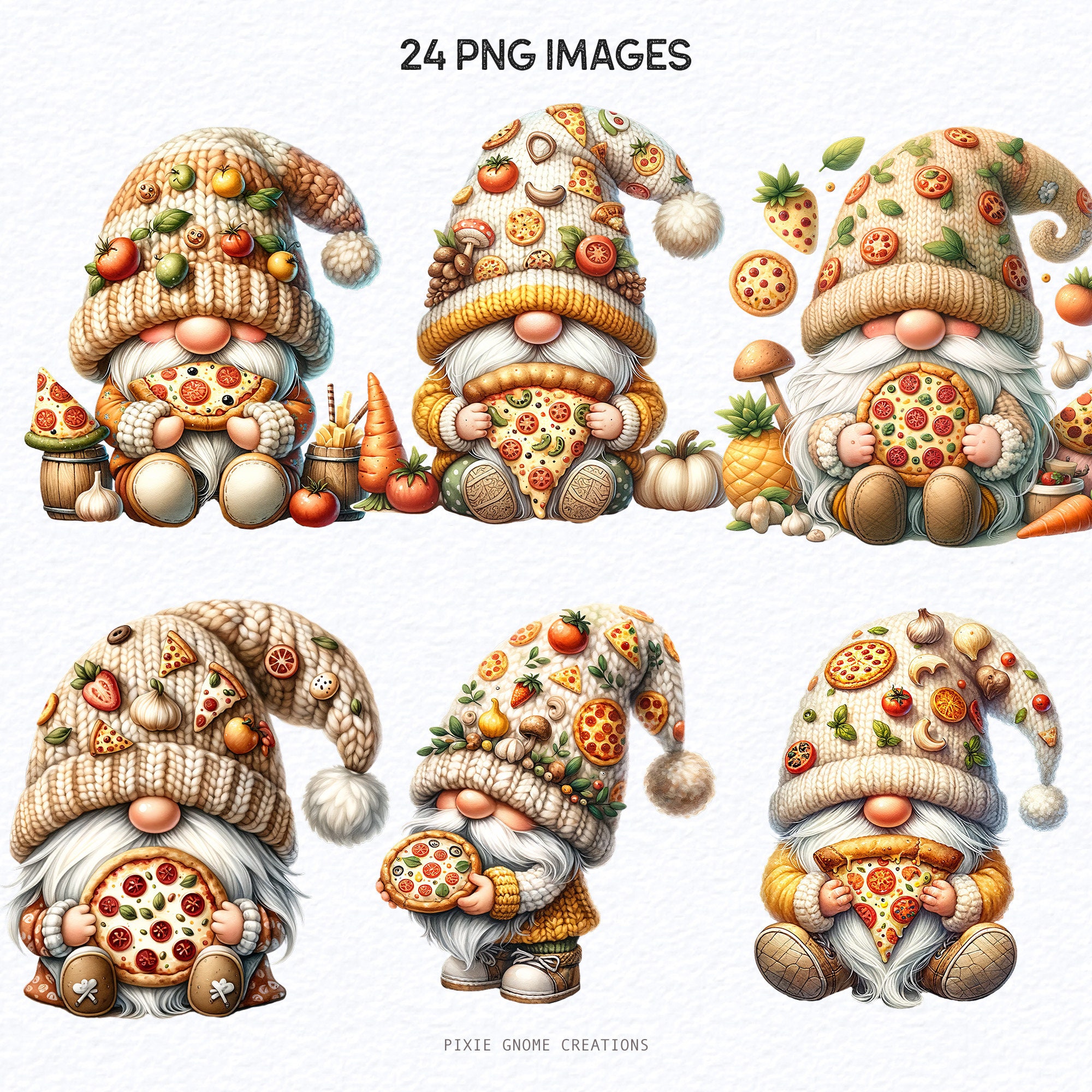 Watercolor Pizza Gnome Clipart PNG Bundle, Papa Pizza Gnome, Pizza ...