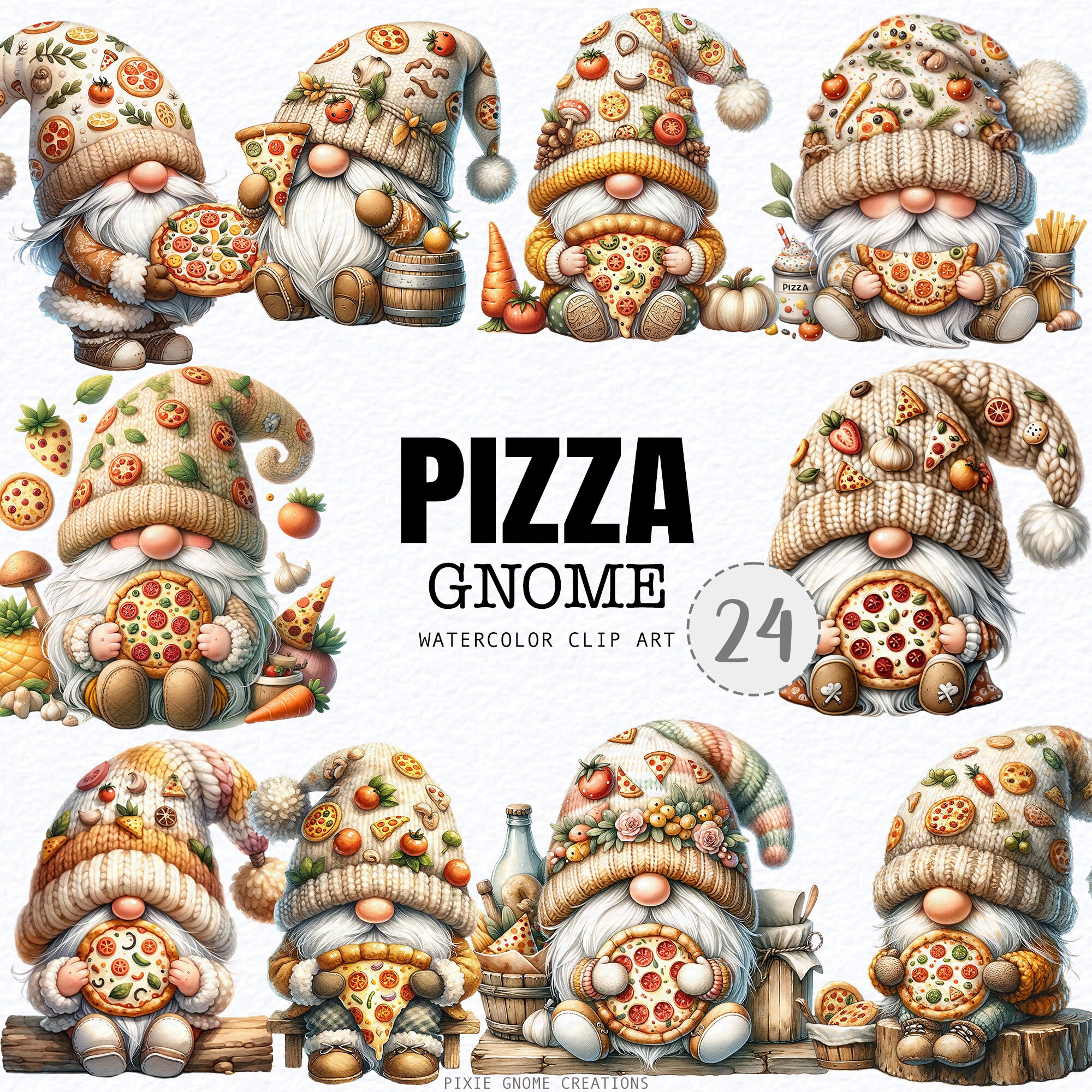 Watercolor Pizza Gnome Clipart PNG Bundle, Papa Pizza Gnome, Pizza ...