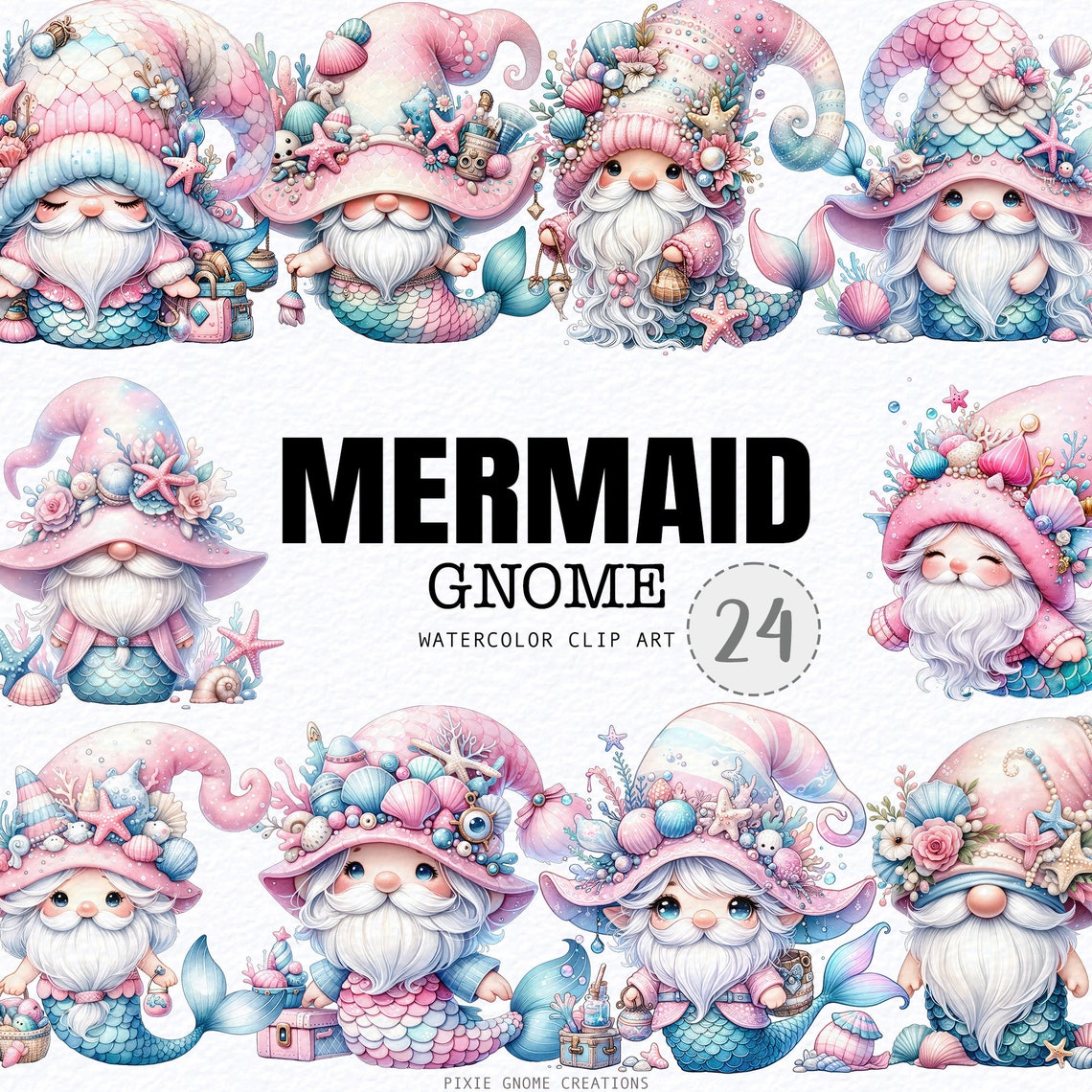 Watercolor Mermaid Gnome Clipart Bundles, Cute Fairytale Clipart ...