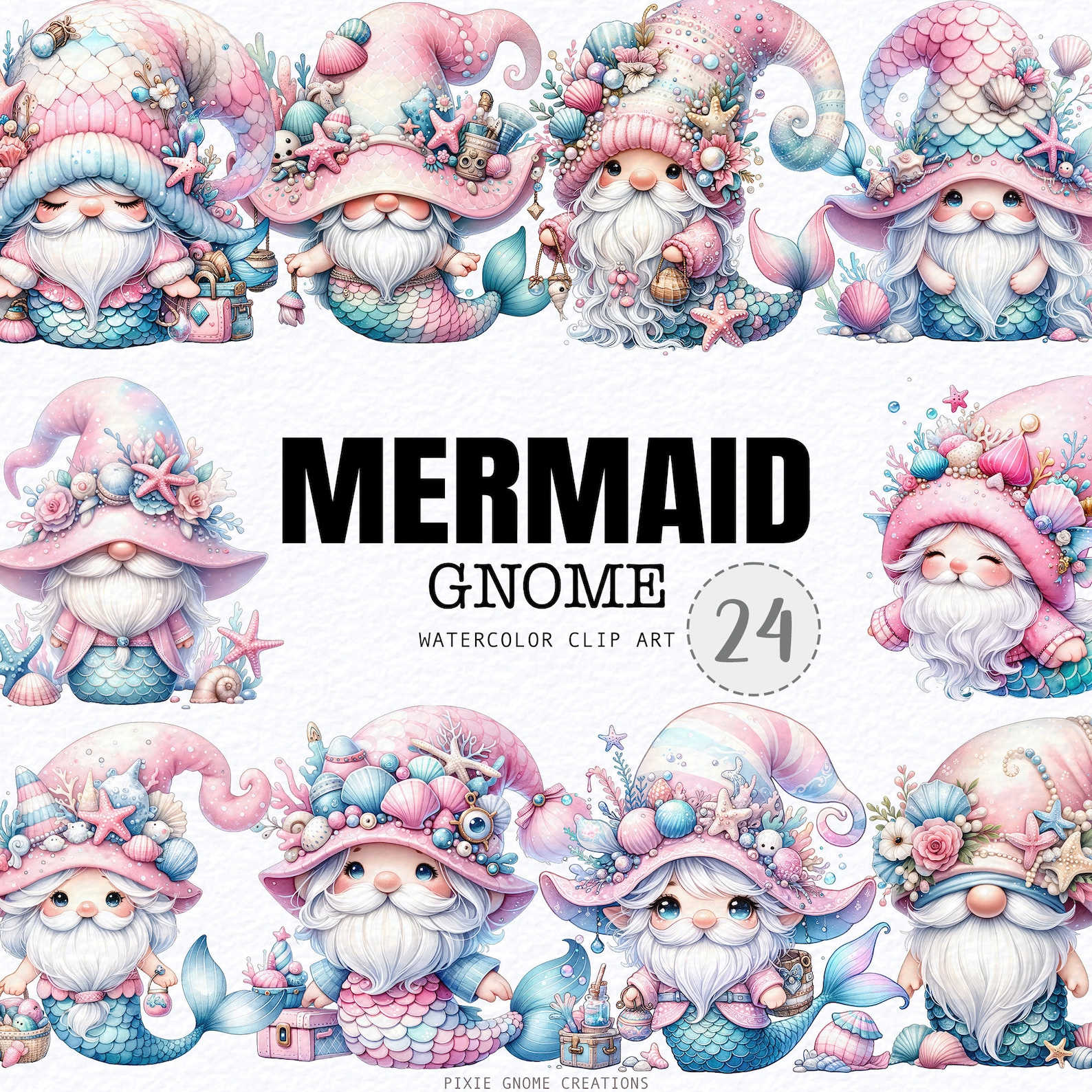 Watercolor Mermaid Gnome Clipart Bundles, Cute Fairytale Clipart ...