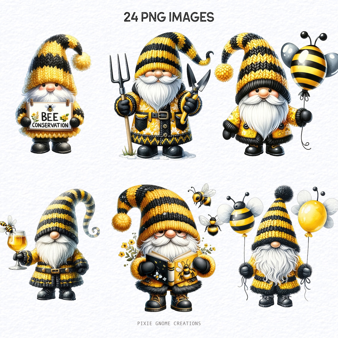 Honey Bee Gnomes Watercolor Clipart PNG, Bumble Bee Gnomes, Watercolor ...