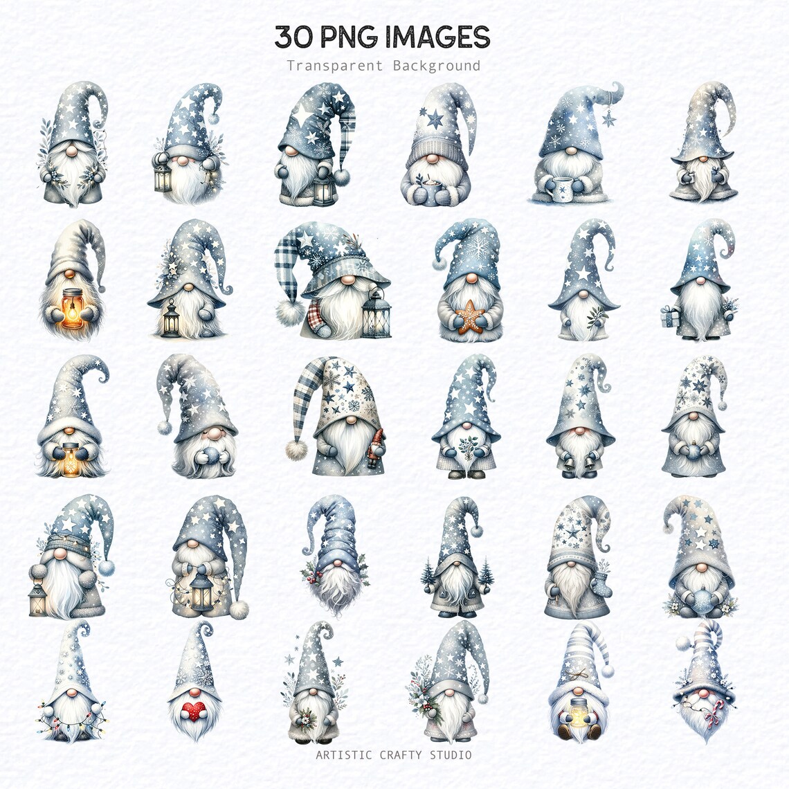 30 Watercolor Gnome Bundle Png, Watercolor White Christmas Gnomes ...