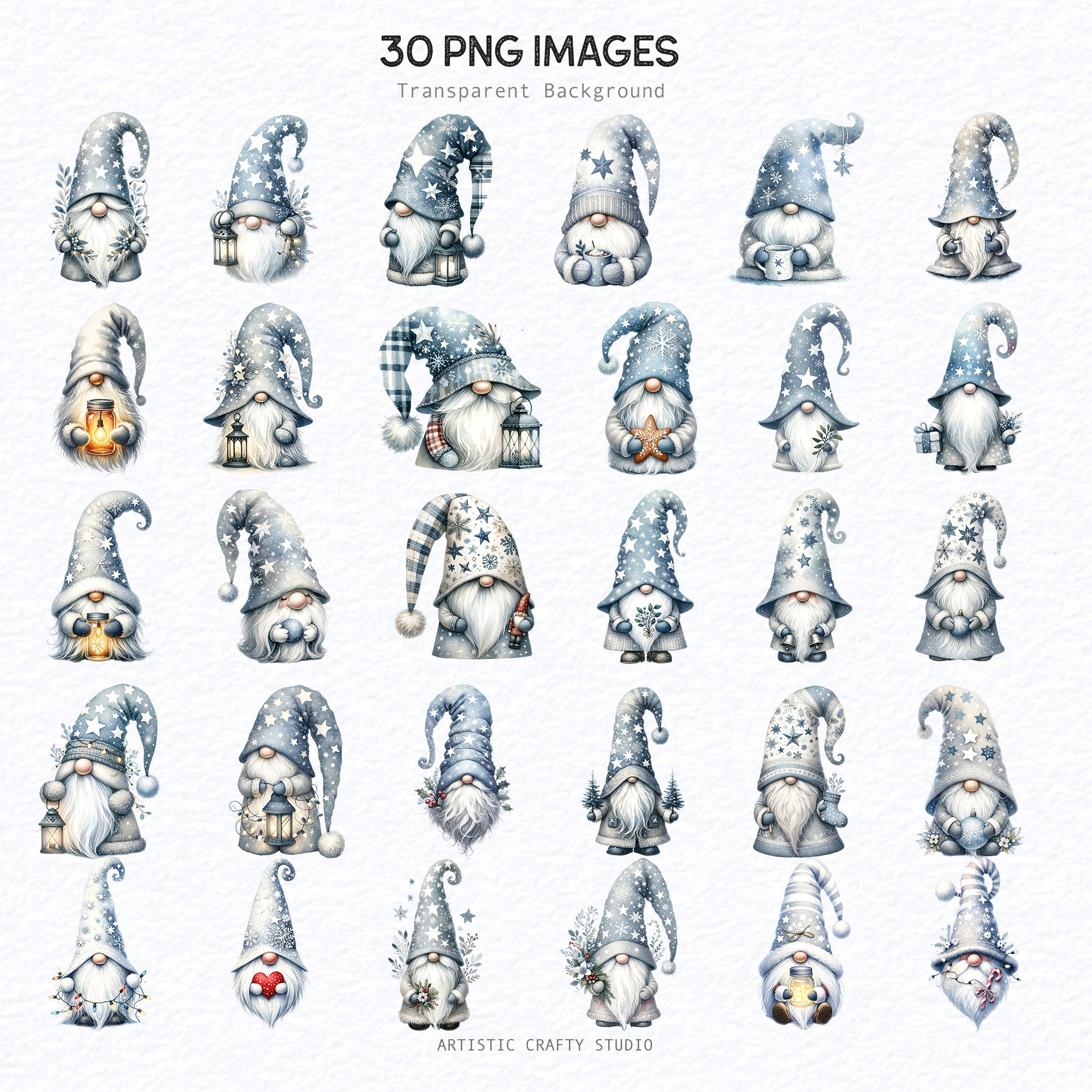 30 Watercolor Gnome Bundle Png, Watercolor White Christmas Gnomes ...