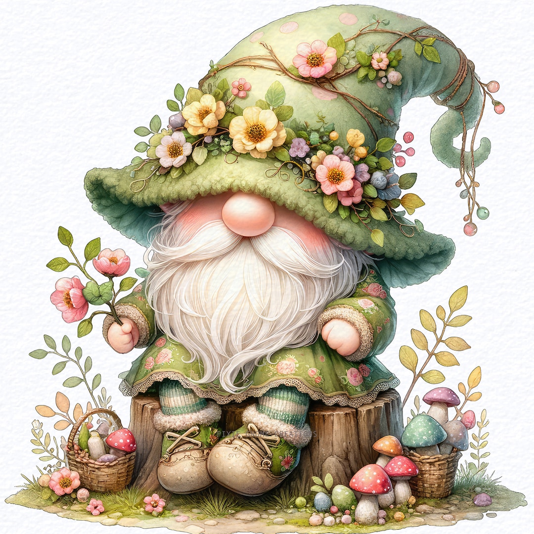 Watercolor Floral Forest Gnome Clipart PNG Bundle, Garden Gnome With ...
