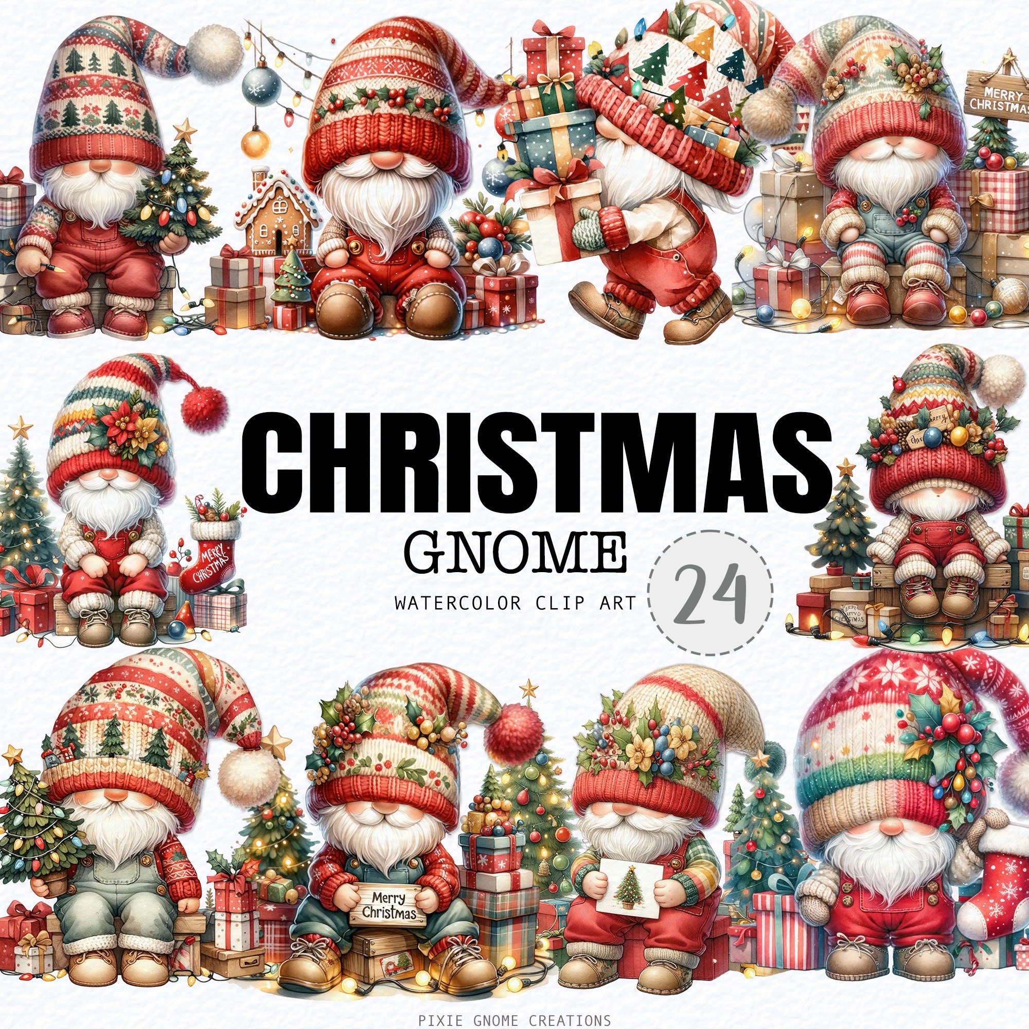 Aquarelle Noël Gnome Clipart PNG Bundle, Gnomes de Noël de bonhomme en ...