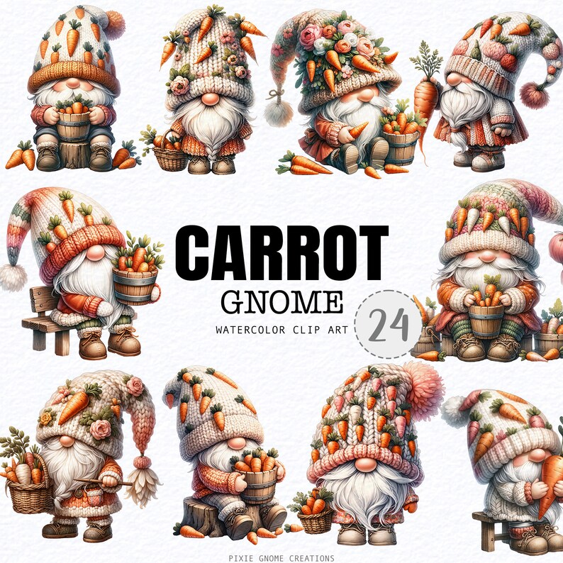 Watercolor Carrot Gnome Clipart Bundle Png, Garden Farm Clipart, Spring ...