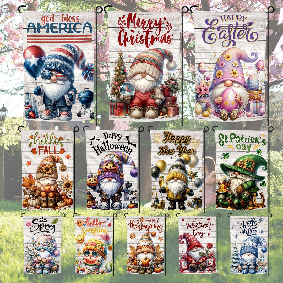12 Seasonal Gnome Garden Flags, Yard Sign, Welcome Sign. Spring, Summer ...