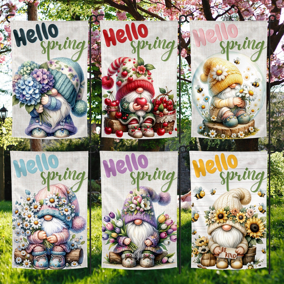 Bundle Hello Spring Gnome Garden Flag, Welcome Garden Flag Png, Floral ...