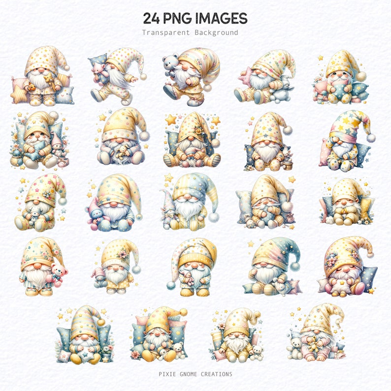 Watercolor Pastel Pijamas Gnome Clipart PNG Bundle, Cute Bed Time ...