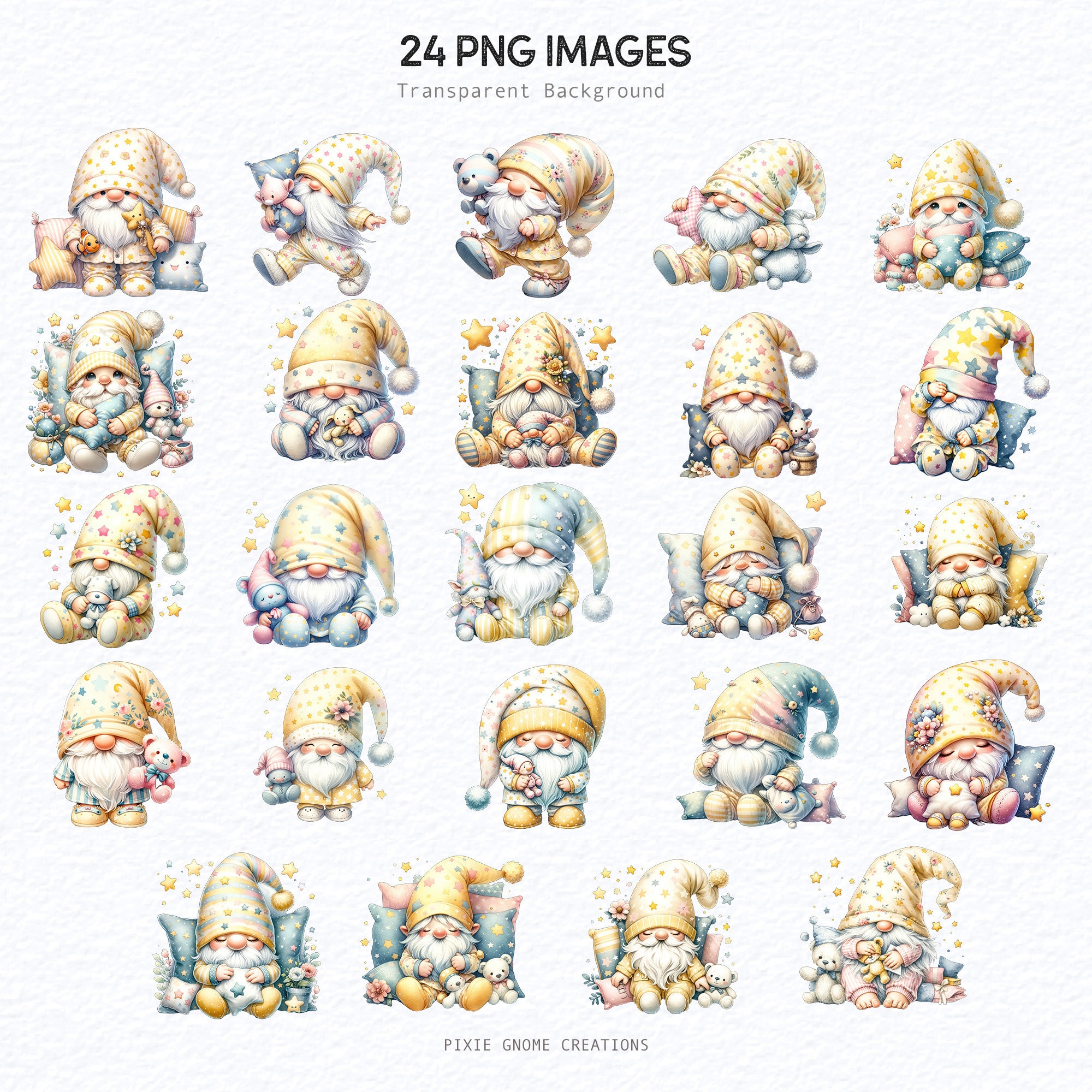 Watercolor Pastel Pijamas Gnome Clipart PNG Bundle, Cute Bed Time ...