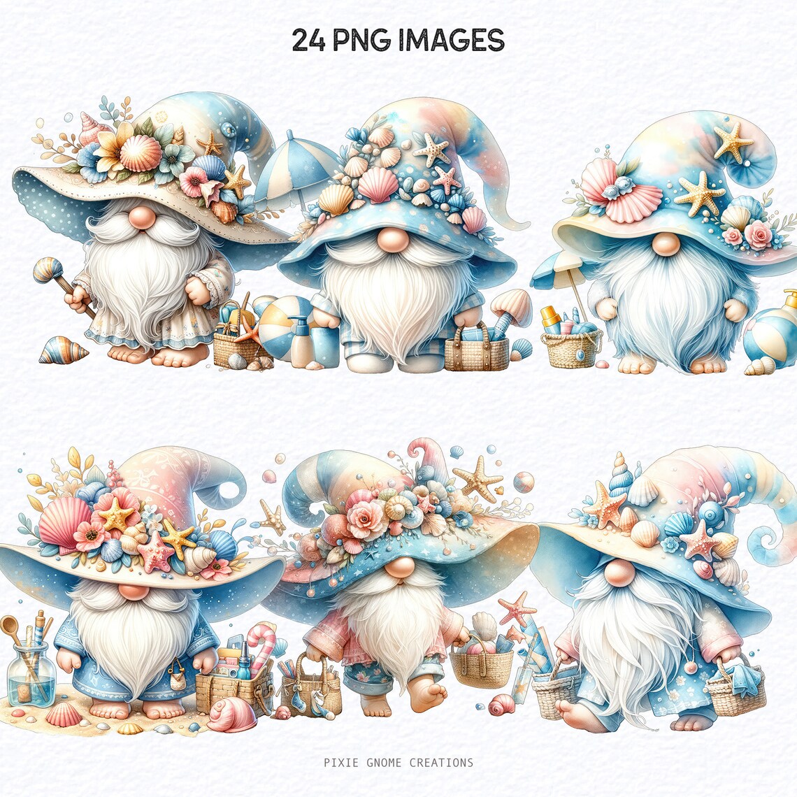 Watercolor Summer Beach Gnome Clipart Bundle Png, Seashell Starfish ...
