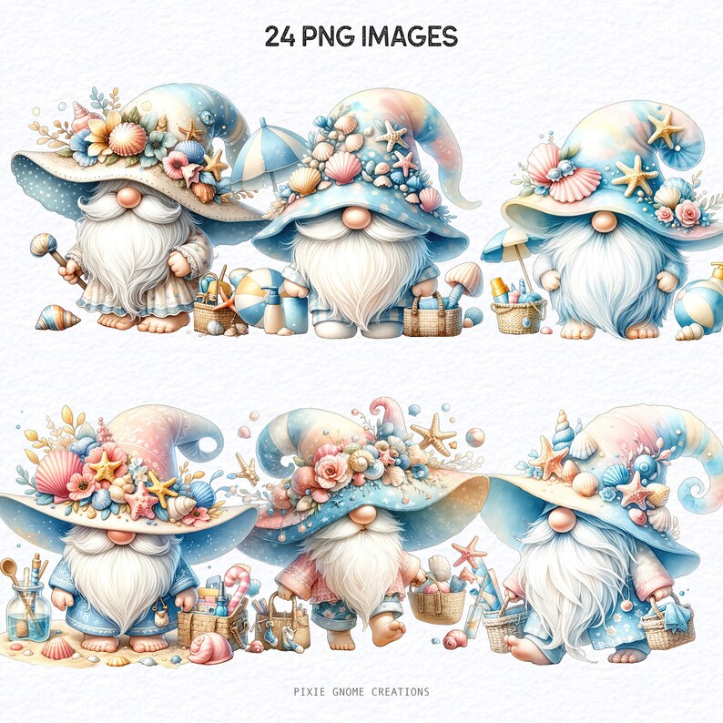 Watercolor Summer Beach Gnome Clipart Bundle Png, Seashell Starfish ...