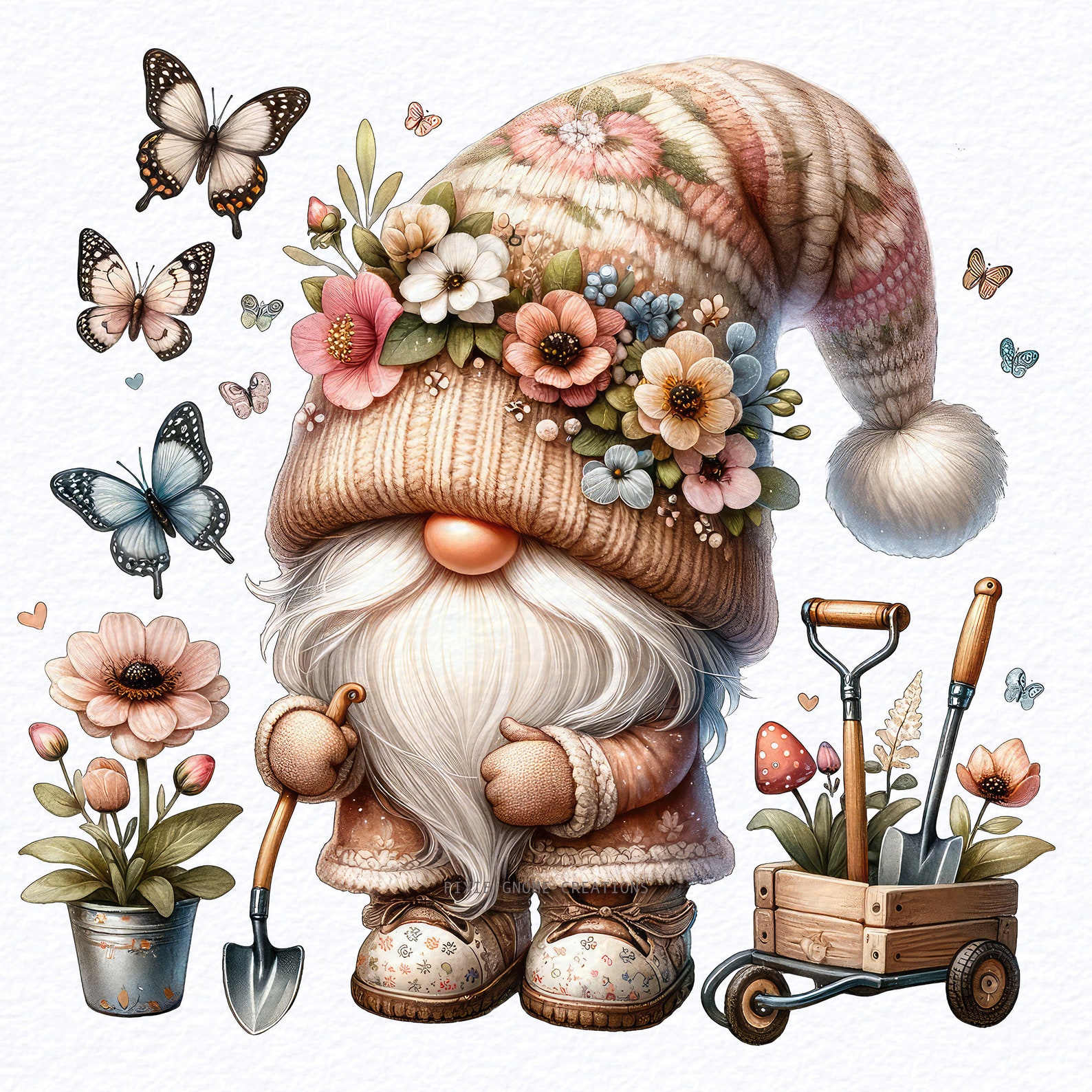Watercolor Garden Gnome Clipart PNG Clipart Bundle, Gnome With Flowers ...