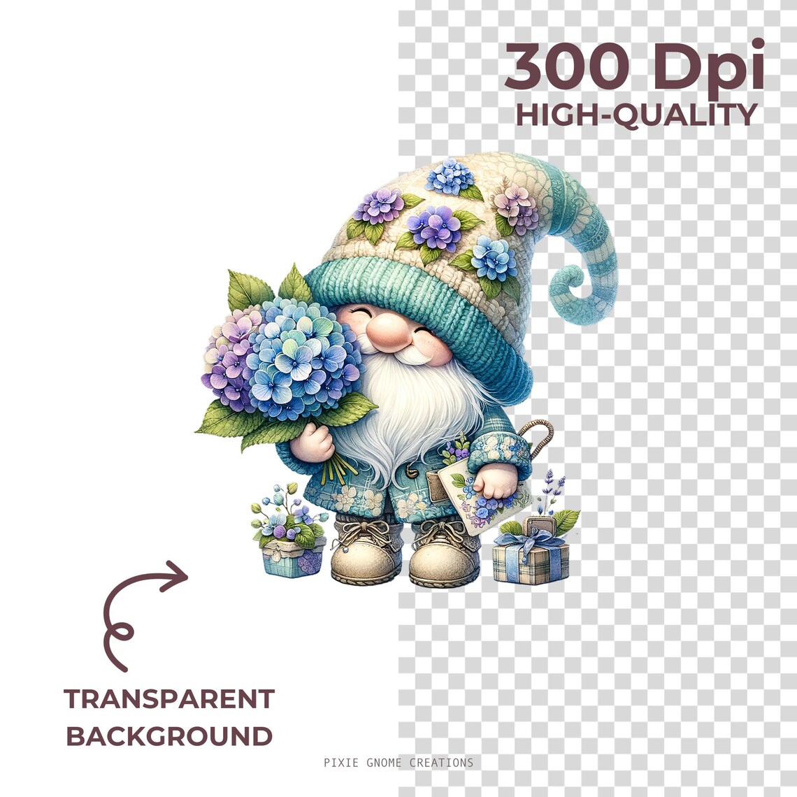 Watercolor Hydrangeas Gnomes Png, Cute Floral Gnome, Valentines Gnomes ...