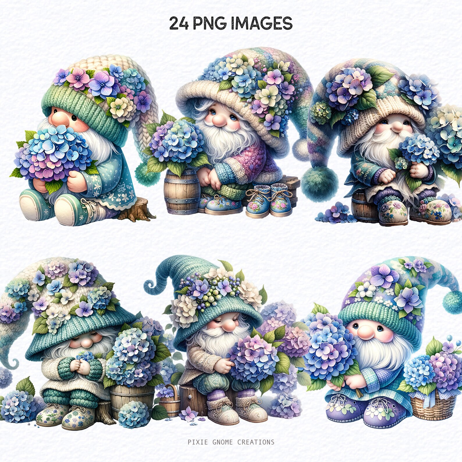 Watercolor Hydrangeas Gnomes Png, Cute Floral Gnome, Valentines Gnomes ...