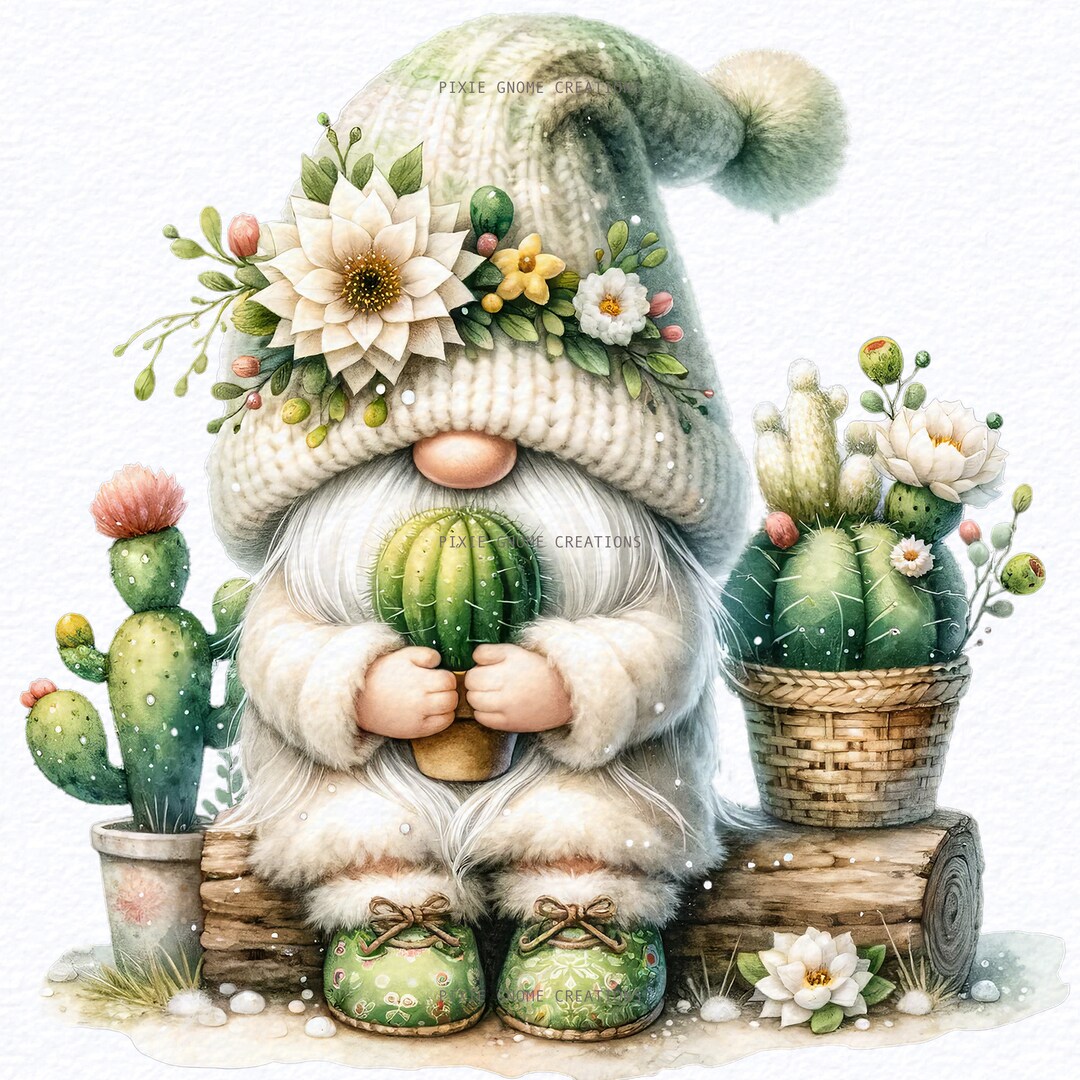 Watercolor Flowering Cactus Gnome Clipart Bundle Png, Succulent Garden ...