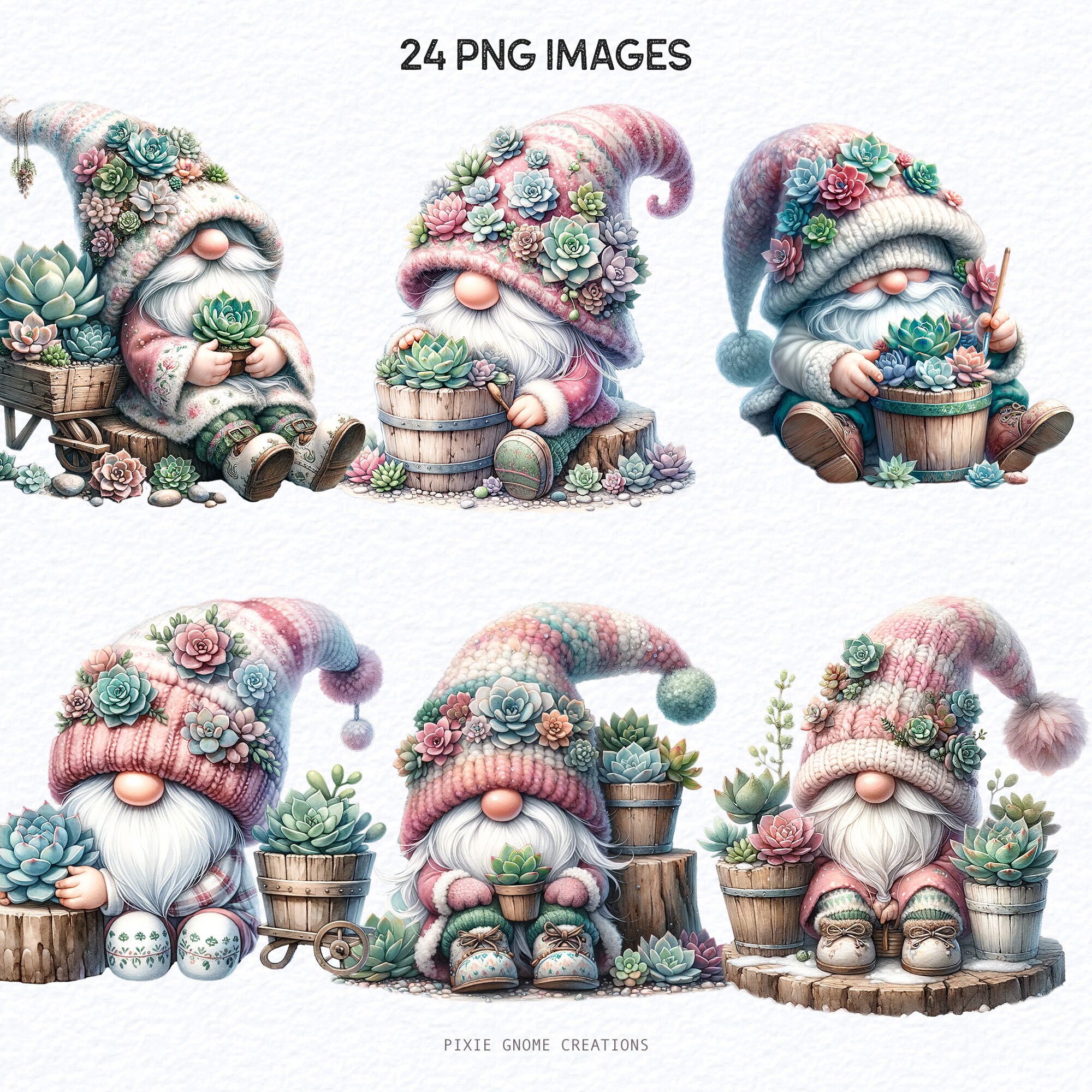 Watercolor Succulent Cactus Gnome Clipart Bundle Png, Succulent Garden ...