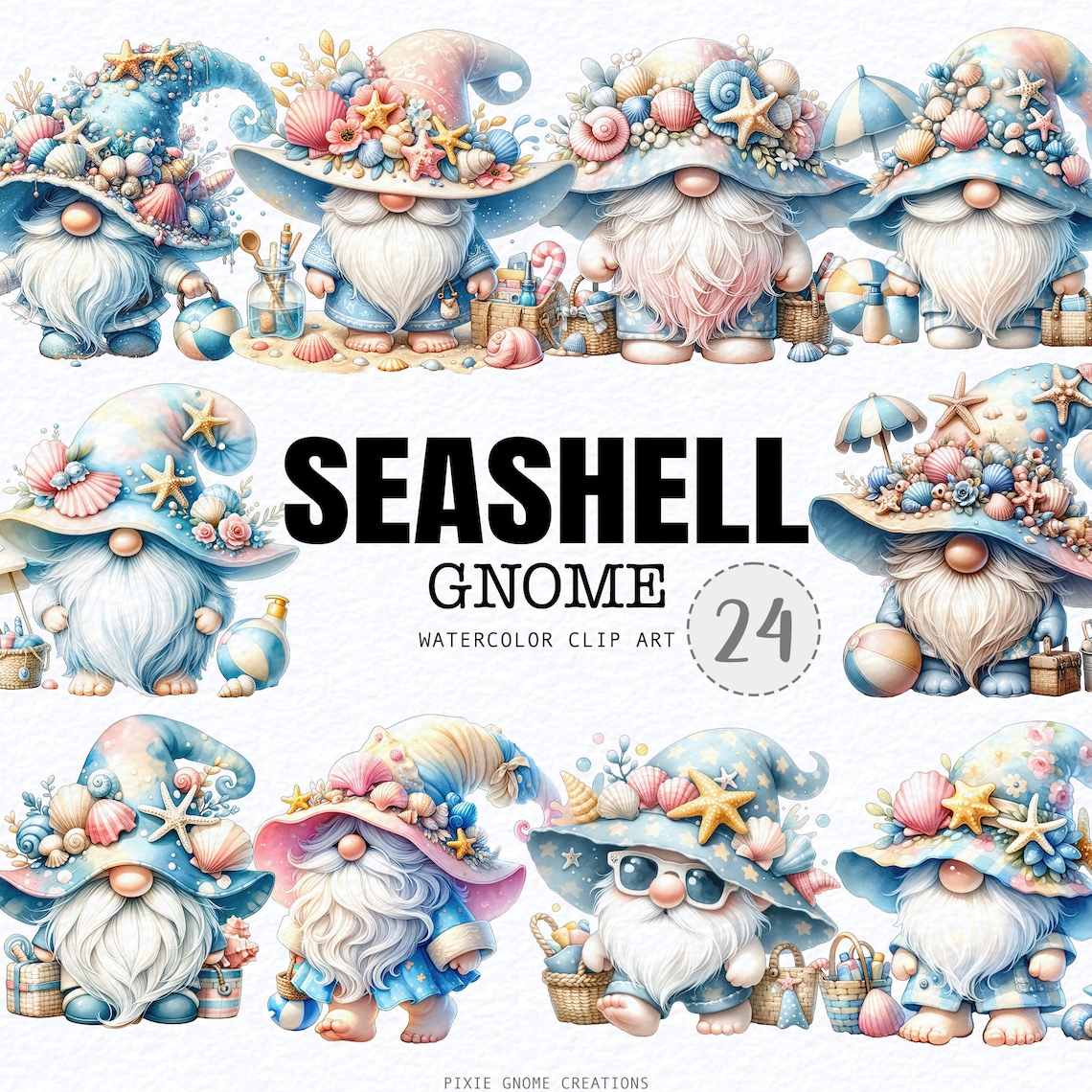 Watercolor Summer Beach Gnome Clipart Bundle Png, Seashell Starfish ...