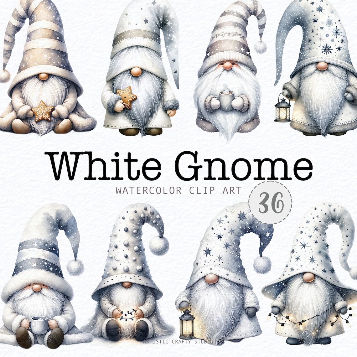36 Watercolor Gnome Bundle Png, Watercolor White Christmas Gnomes ...