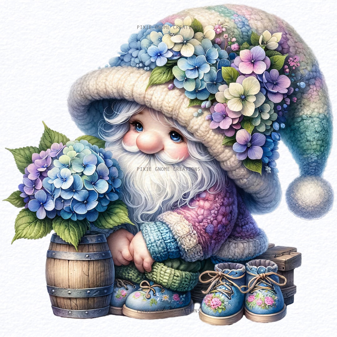 Watercolor Hydrangeas Gnomes Png, Cute Floral Gnome, Valentines Gnomes ...