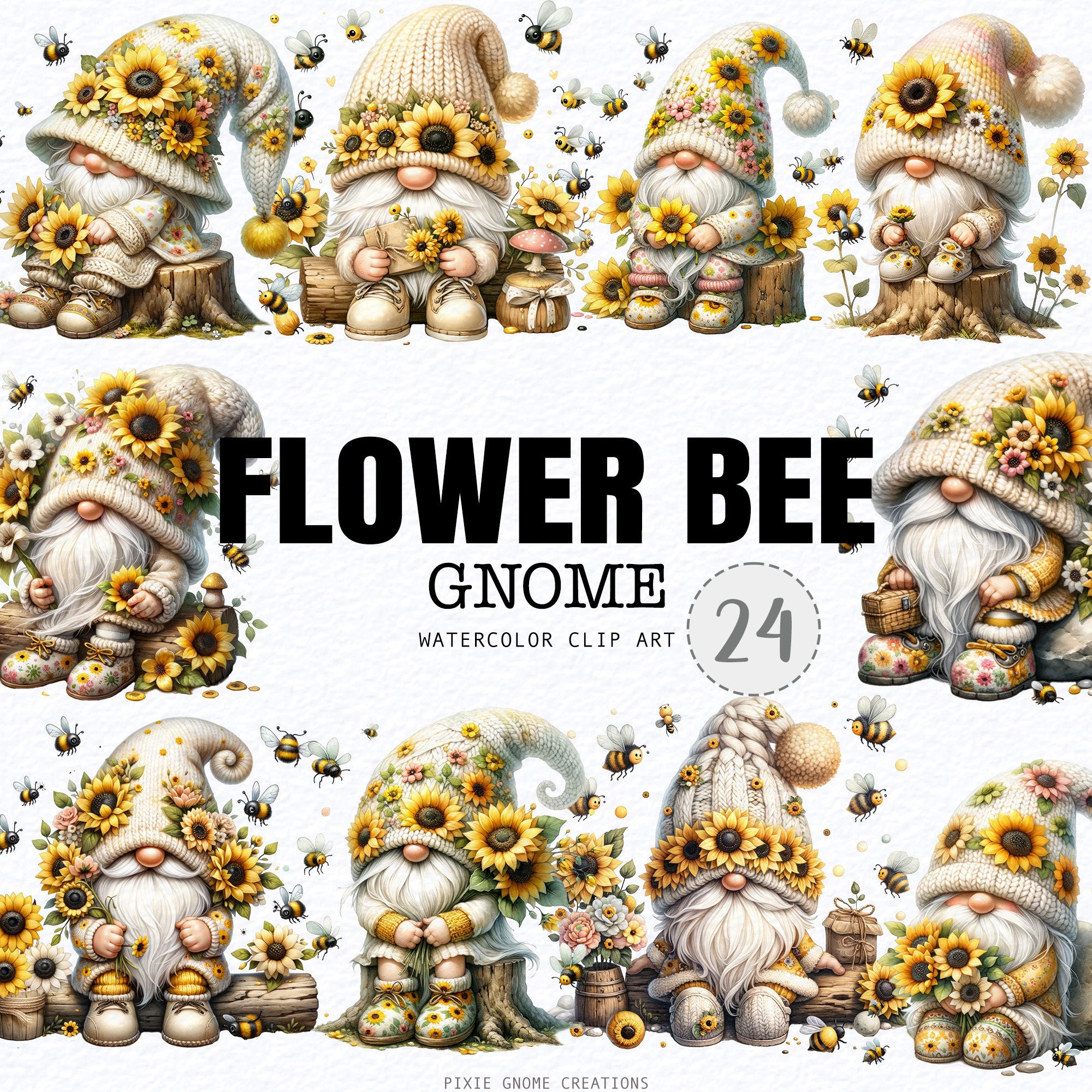 Watercolor Flower Bee Gnome Clipart Bundles, Sunflower Flowers, Clipart ...