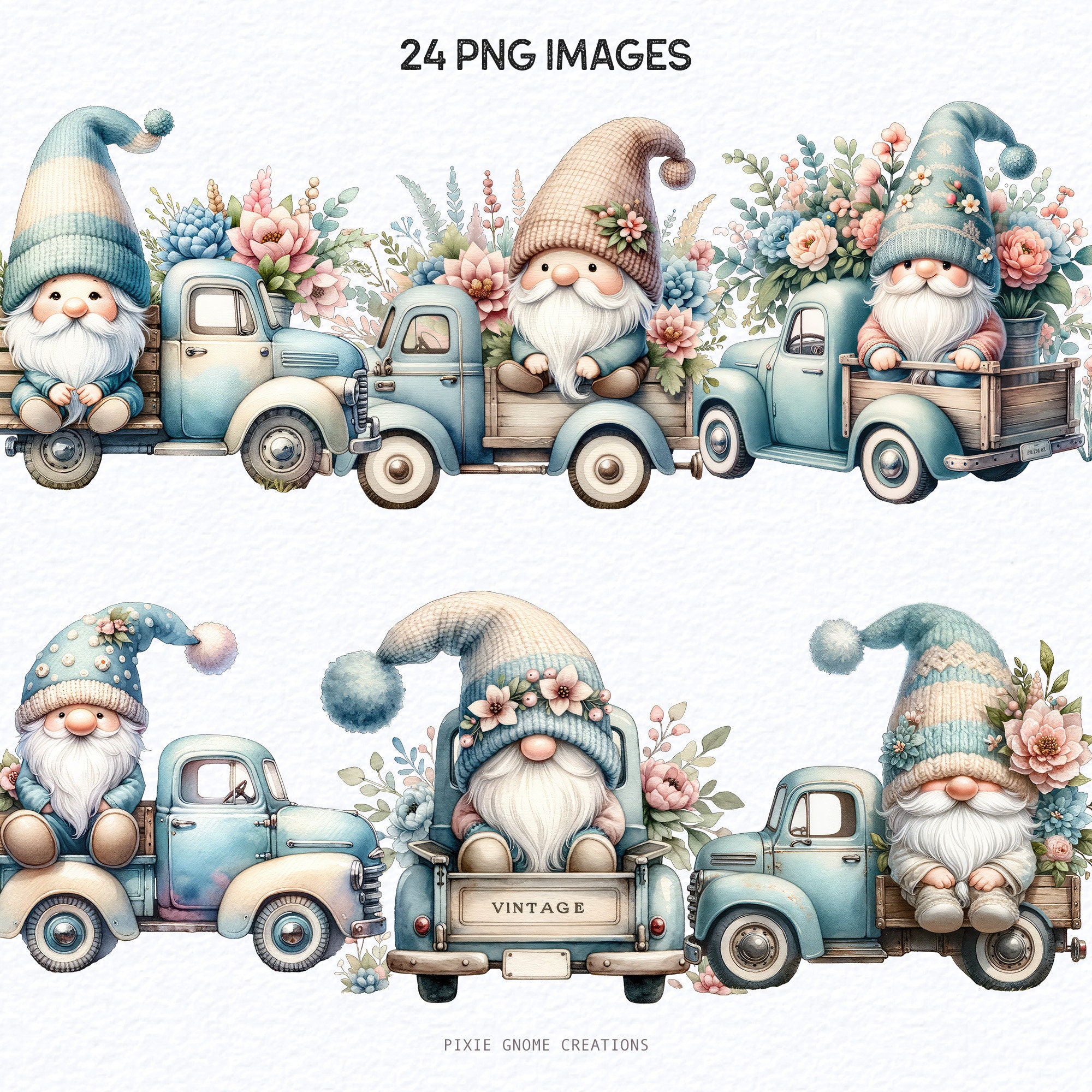 Watercolor Retro Truck Gnome Clipart PNG Bundle, Garden Gnome With ...