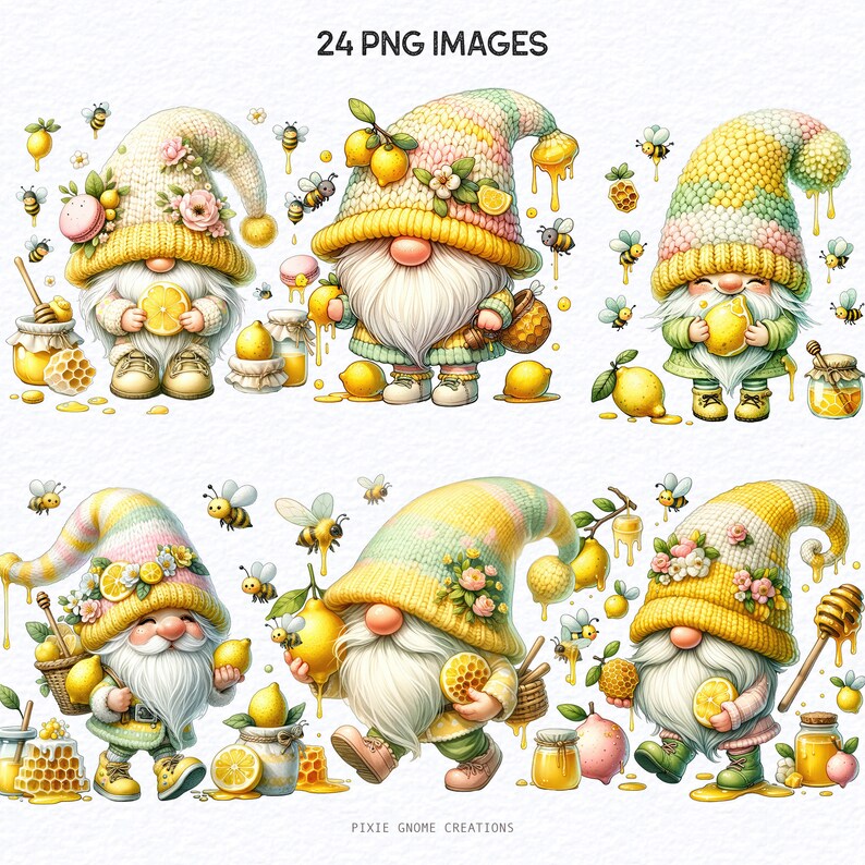 Watercolor Honey Lemon Bee Gnomes Clipart, Bee Gnome Clipart ...