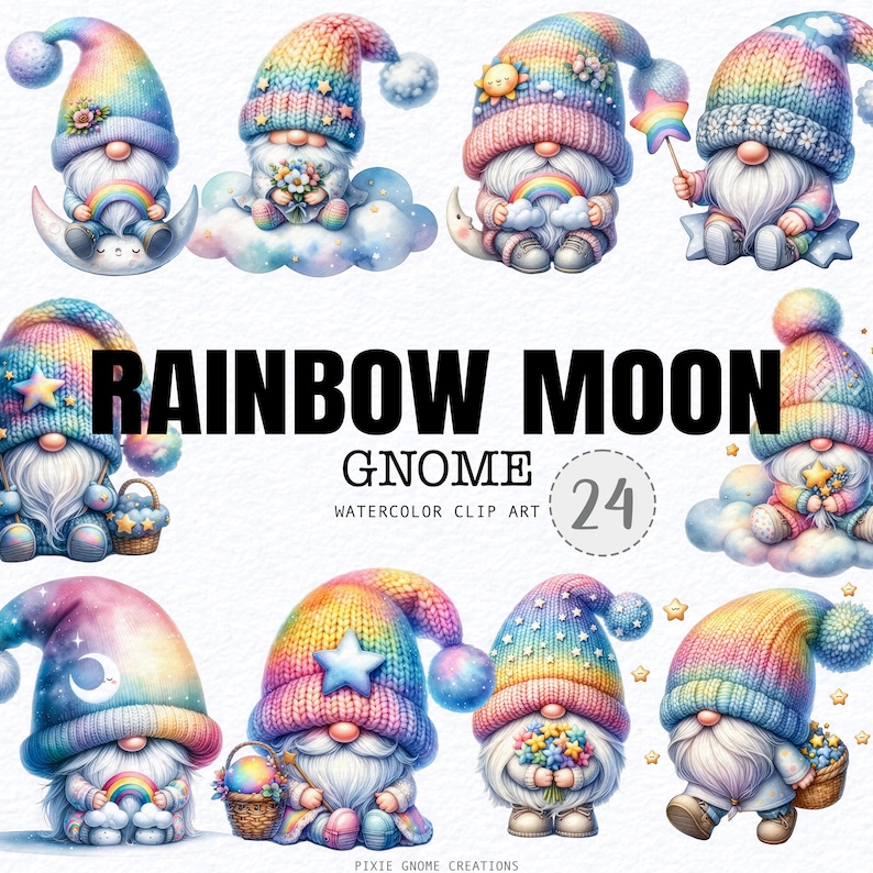 Watercolor Rainbow Moon Star Gnome Png Clipart Bundle, Valentine ...