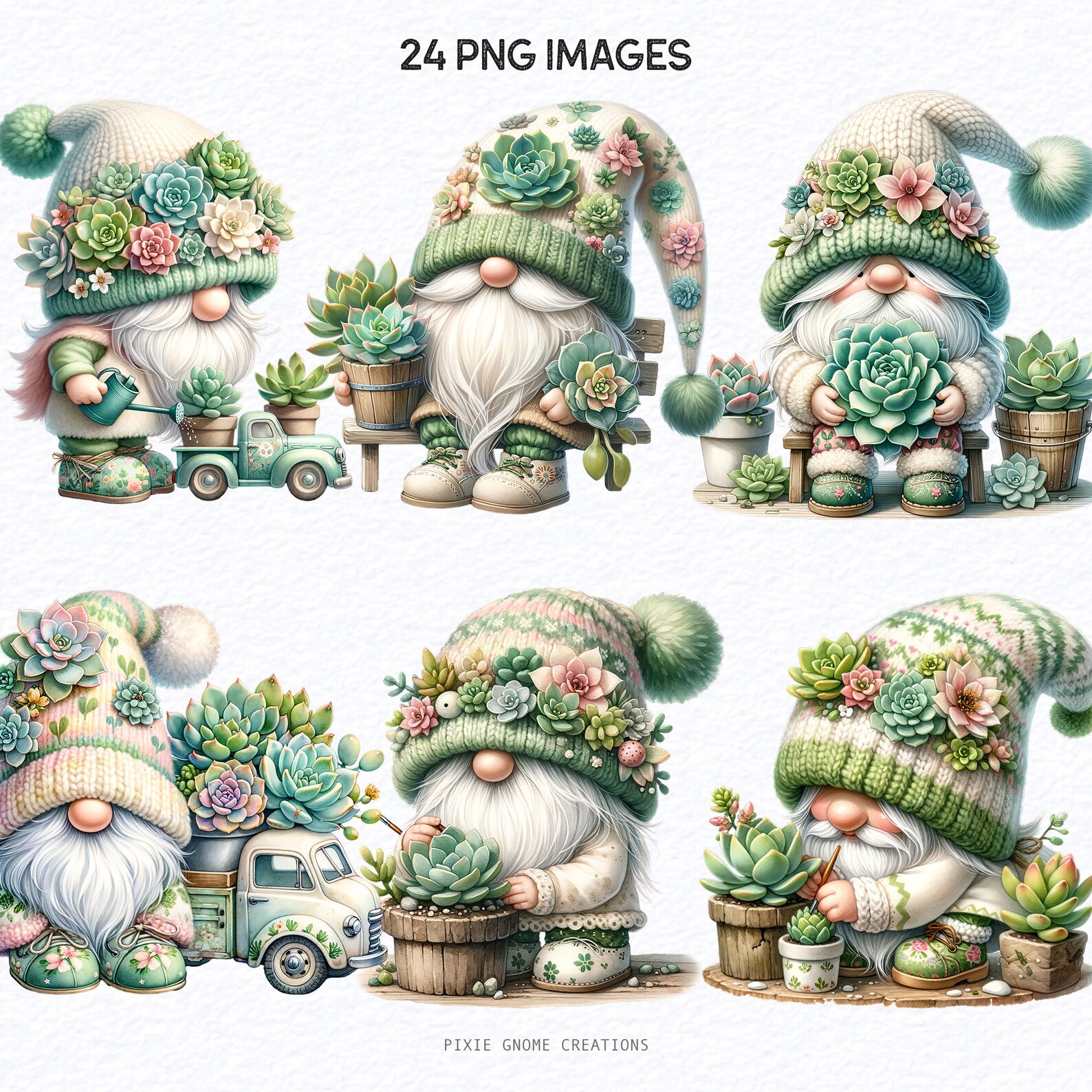 Watercolor Succulent Cactus Gnome Clipart Bundle Png, Succulent Garden ...
