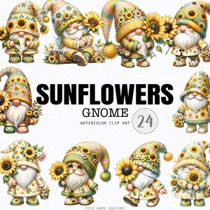 Watercolor Sunflowers Gnome Clipart Bundle Png, Garden Clipart, Spring ...