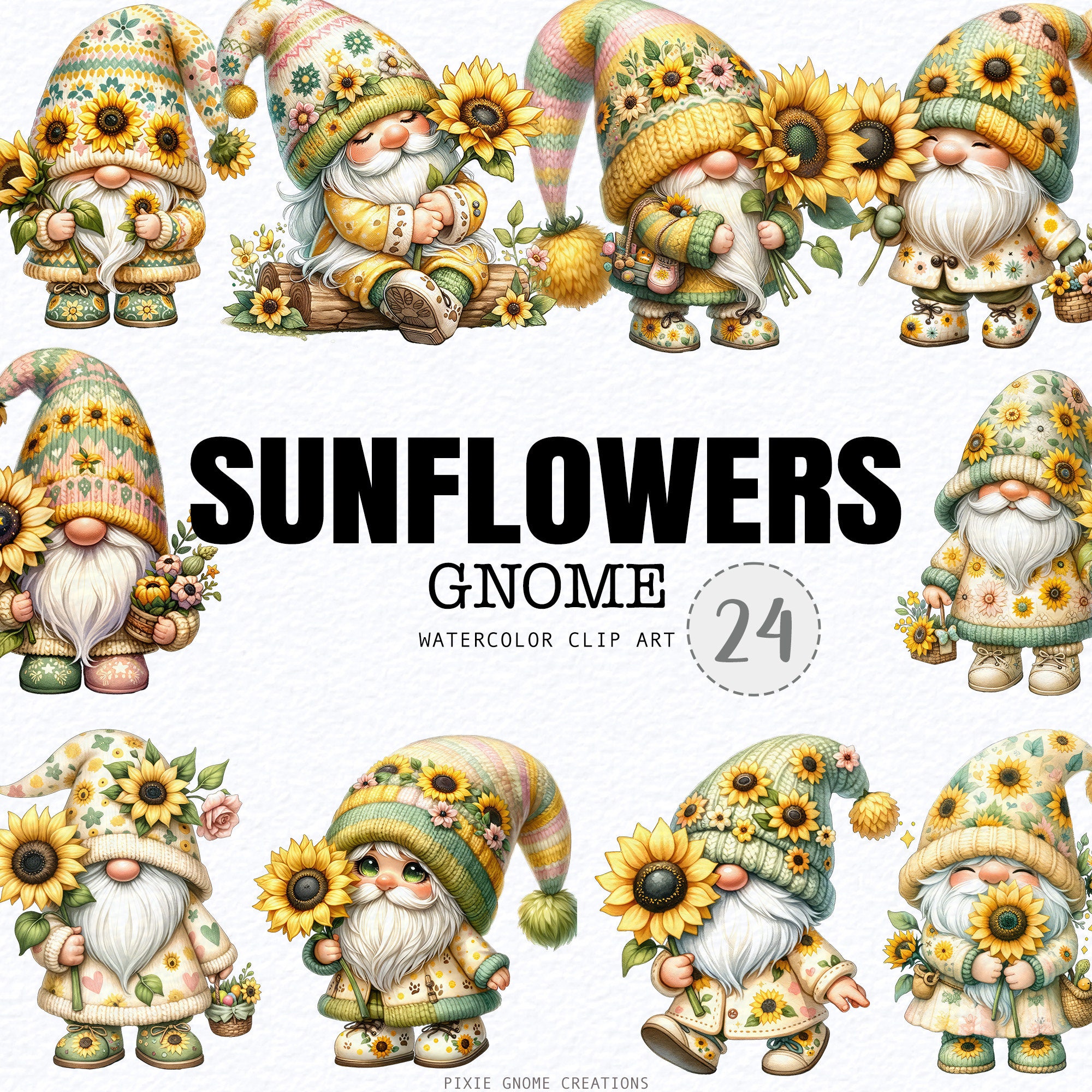 Watercolor Sunflowers Gnome Clipart Bundle Png, Garden Clipart, Spring ...