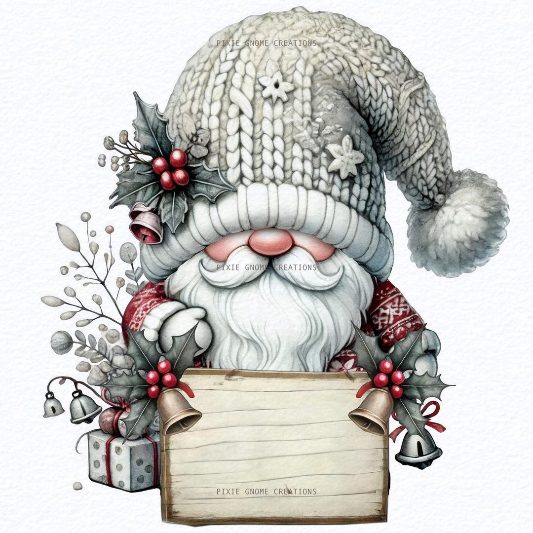 Watercolor White Gnome With Wood Sign Clipart Bundle Png, White Gnome ...