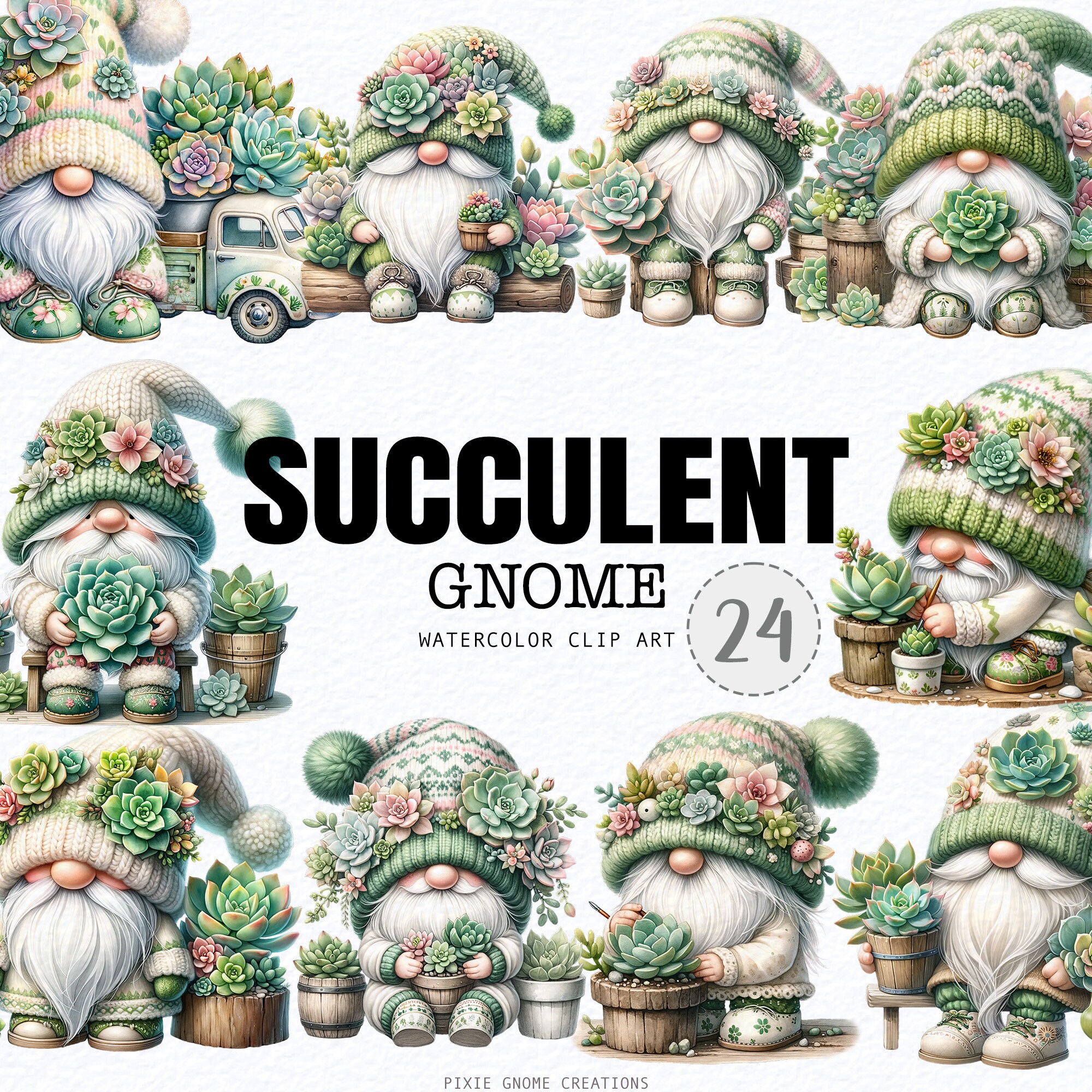 Watercolor Succulent Cactus Gnome Clipart Bundle Png, Succulent Garden ...