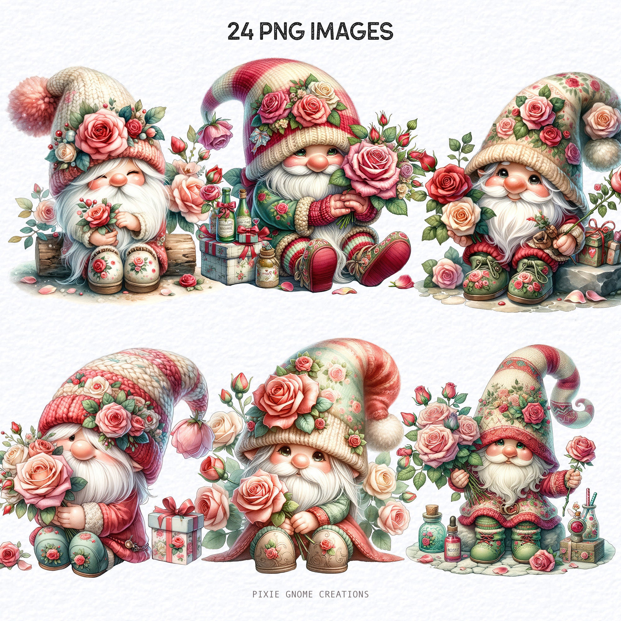 Watercolor Valentines Rose Floral Gnome Clipart PNG Bundle, Garden ...
