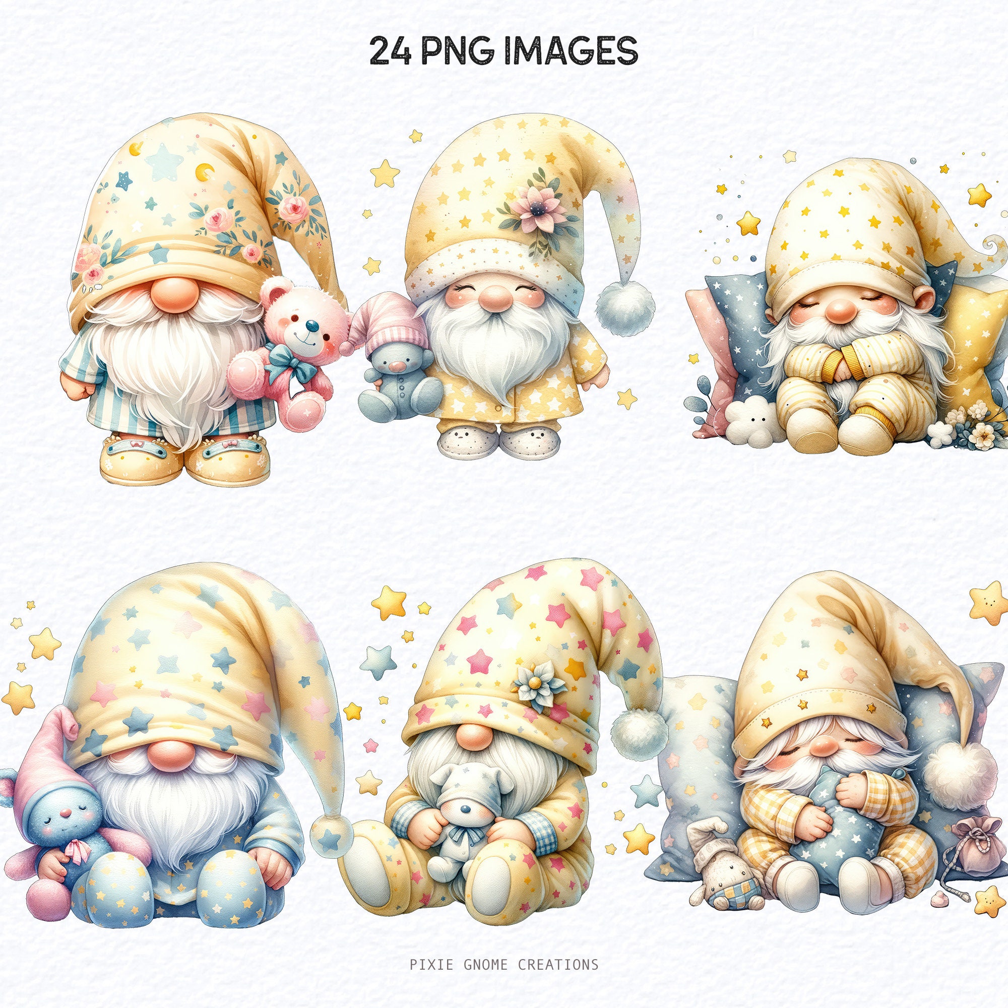 Watercolor Pastel Pijamas Gnome Clipart PNG Bundle, Cute Bed Time ...