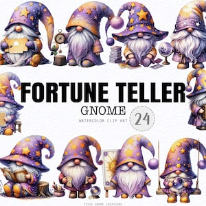 Watercolor Fortune Teller Gnome Clipart PNG Bundle, Witches Fortune ...